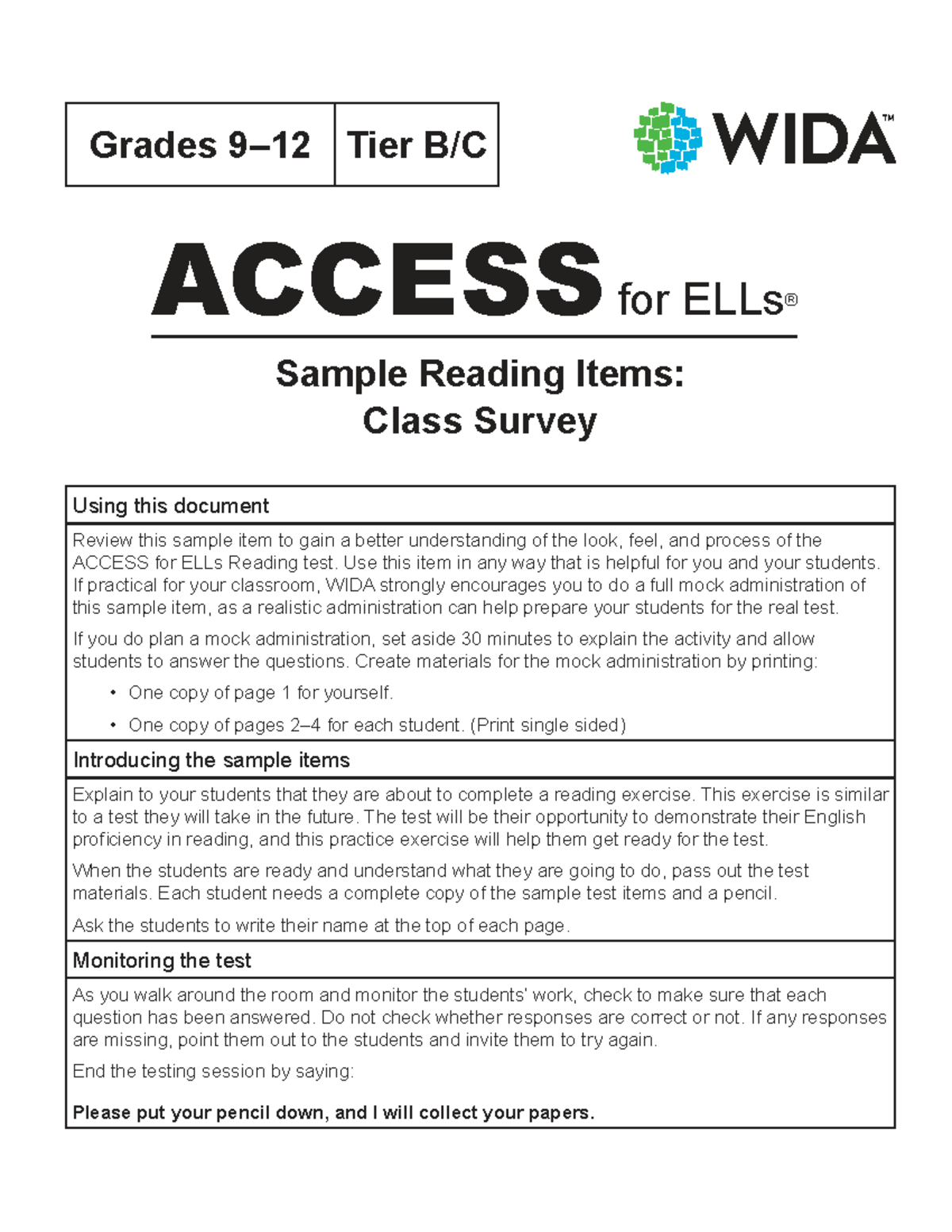 ACCESS for ELLs Reading Sample Item: Grades 9-12 Tier BC - Studocu