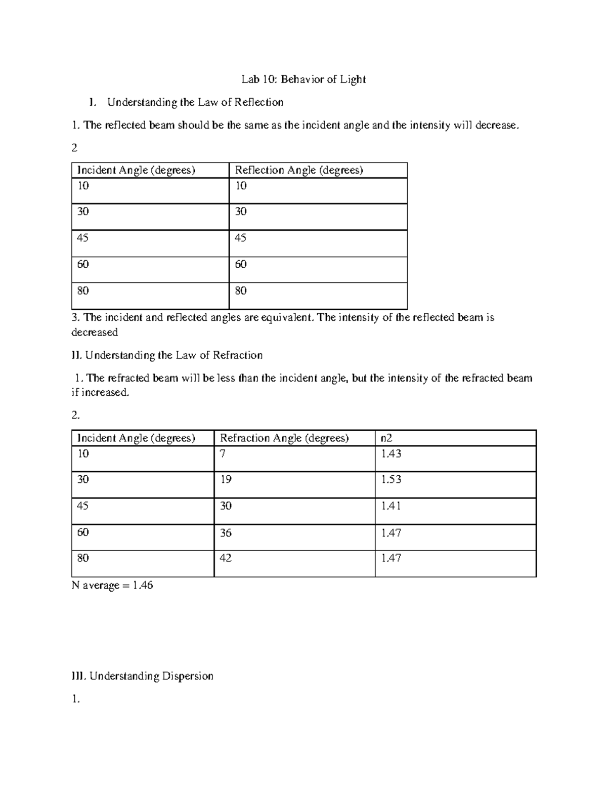 Lab 10 - Lab 10 Records - Lab 10: Behavior of Light I. Understanding the Law of Reflection The ...