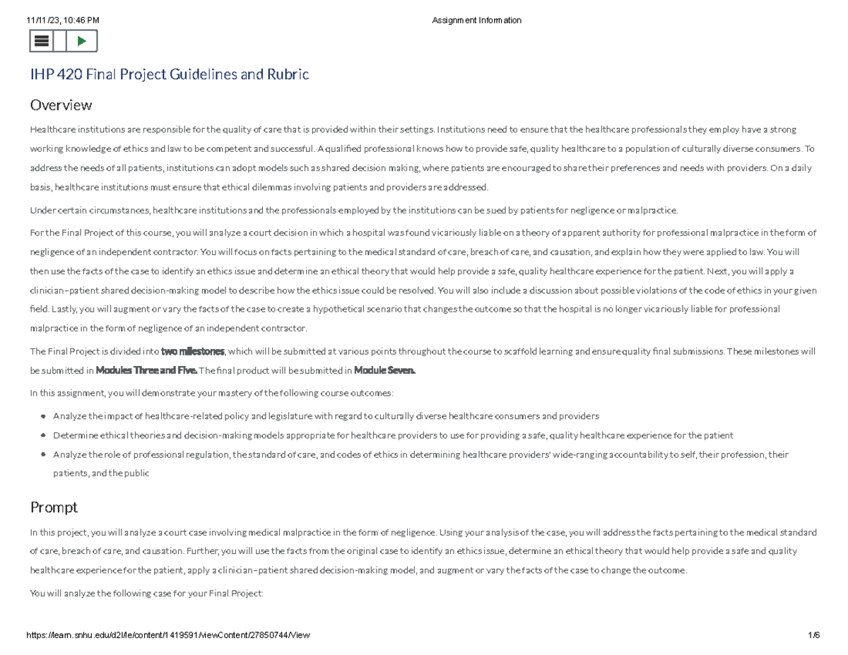 IHP420 Final Project Guidelines and Evaluation Rubric - Studocu