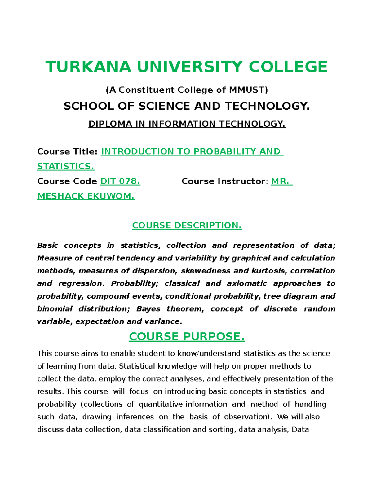 DIT 078 - Introduction TO Probability AND Statistics- Course Outline ...