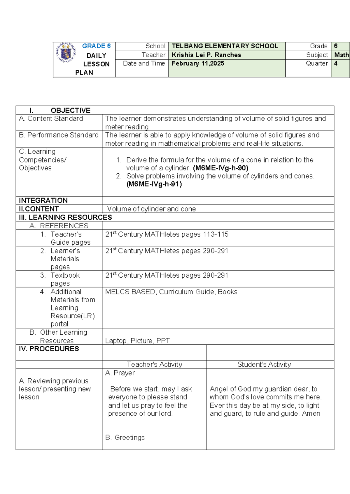 DLL DAY 2 - LESSON PLAN - GRADE 6 DAILY LESSON PLAN School TELBANG ...