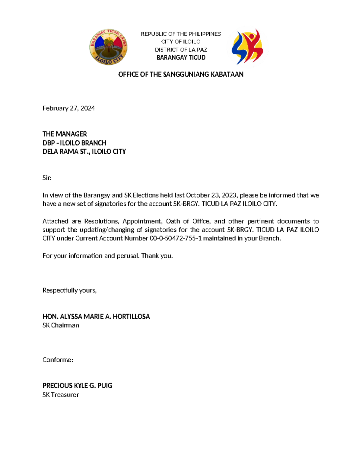 Copy of Cover Letter for Change of Signatories - SK-BRGY TICUD - Studocu