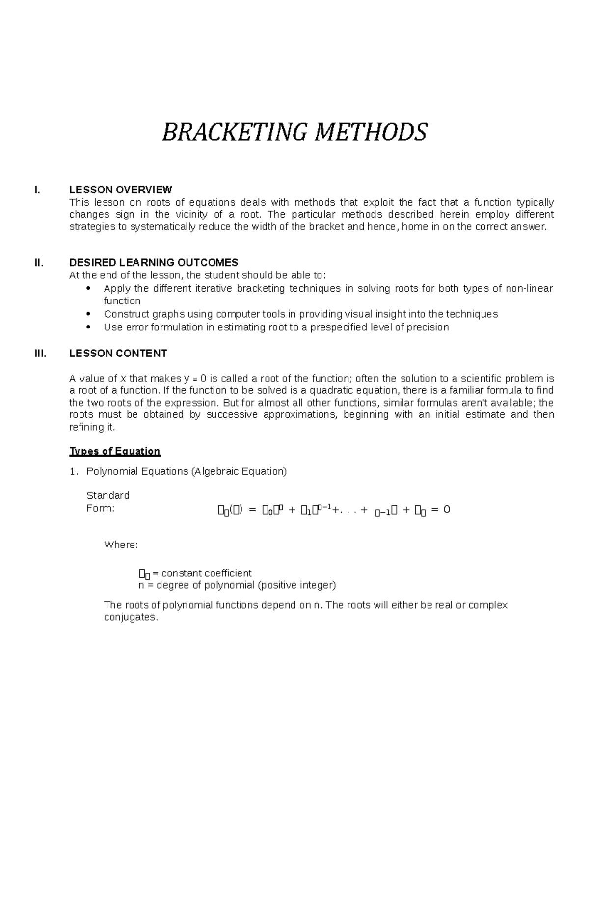 Module 1- Bracketing Methods - BRACKETING METHODS I. LESSON OVERVIEW ...