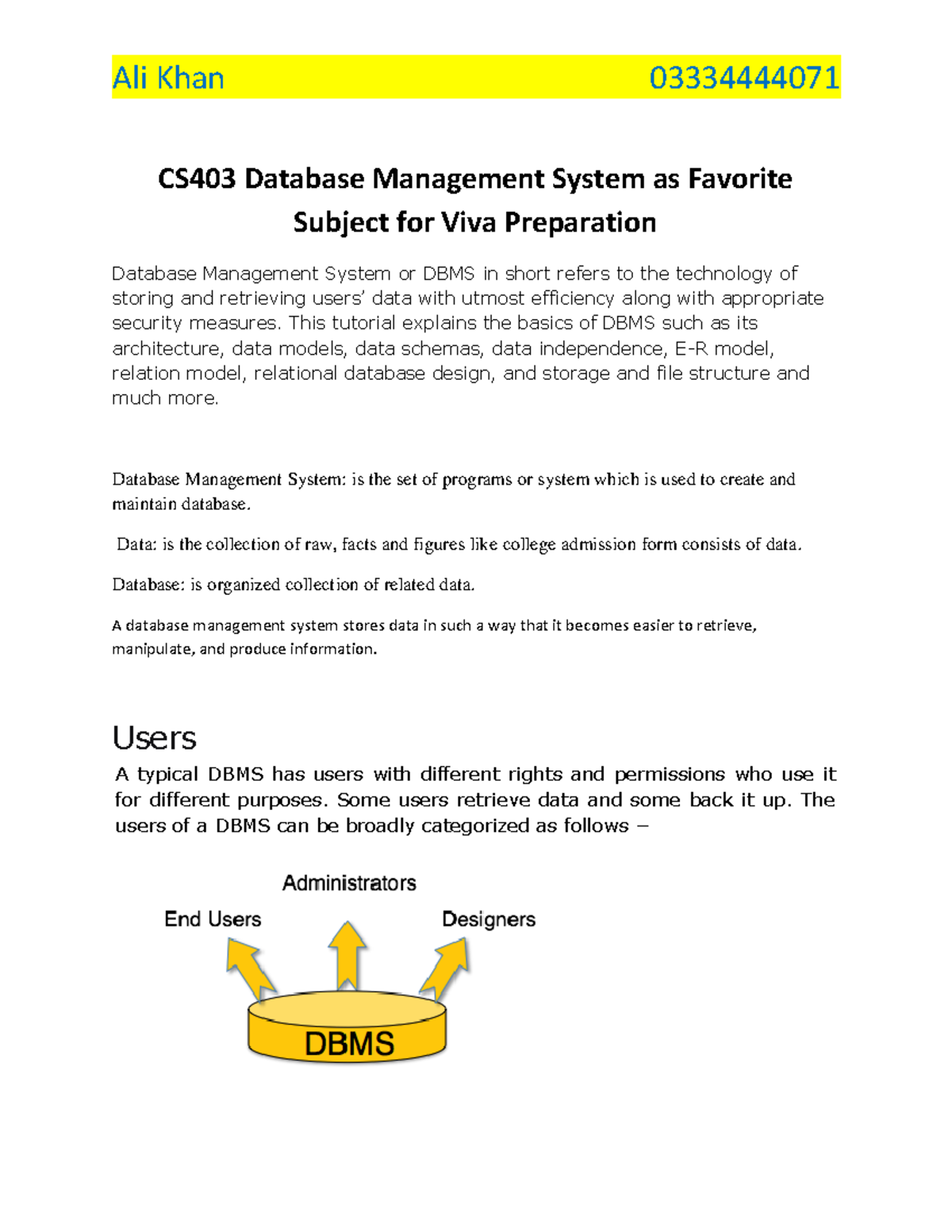 CS403 notes - CS403 Database Management System as Favorite Subject for ...