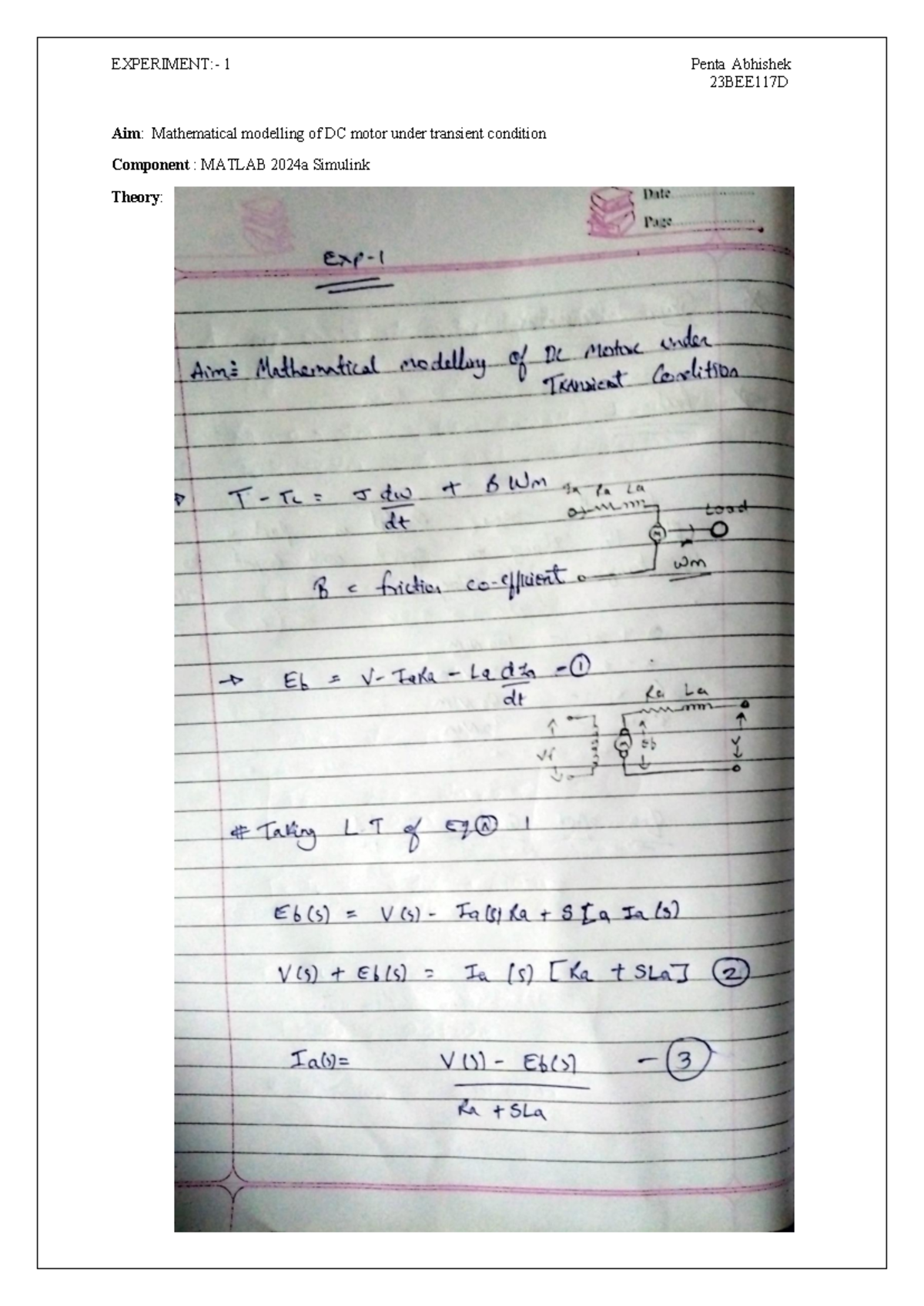 Mathematical Modelling of DC Motor: Simulink Analysis (23BEE117D) - Studocu