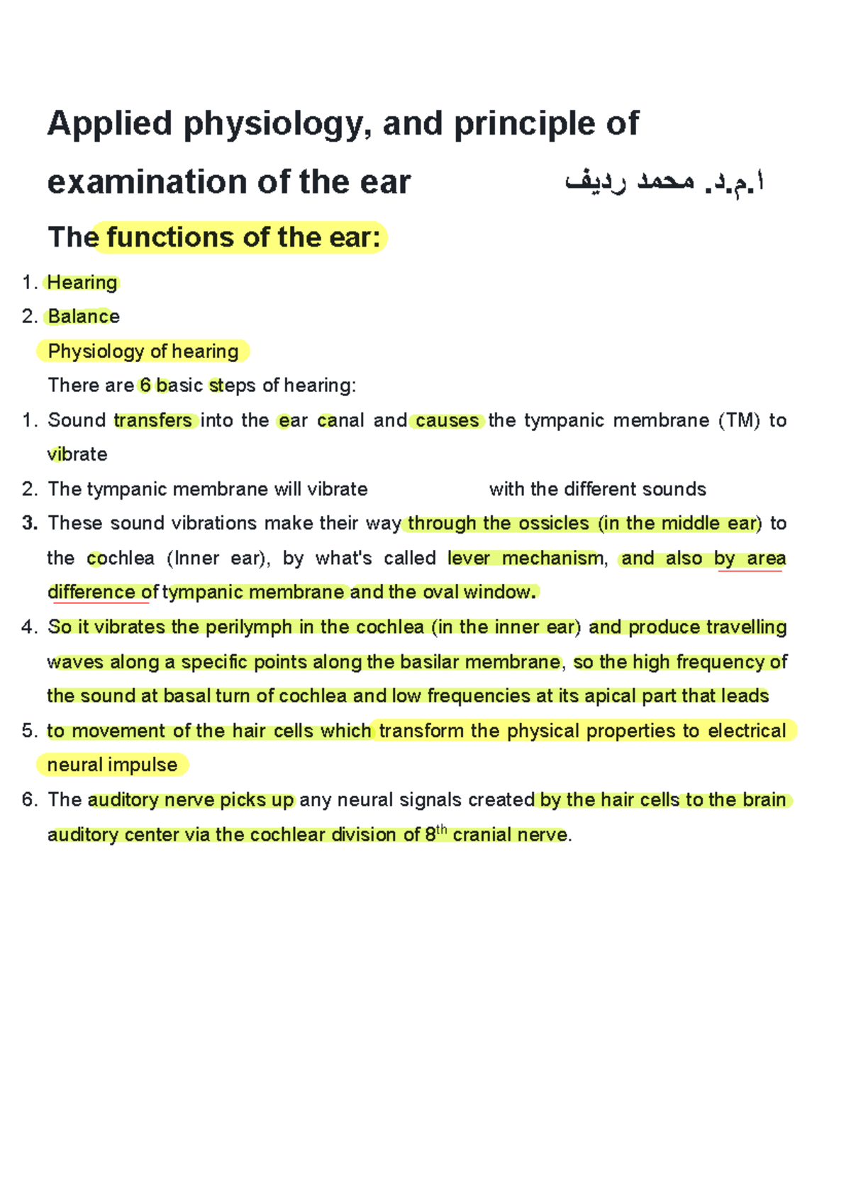 Applied Physiology of Hearing & Ear Clinical Exam (Course Code: 2 ...