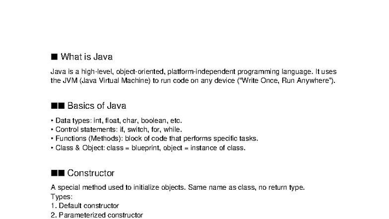 Java Concepts Overview: Key Features and Fundamentals - Studocu