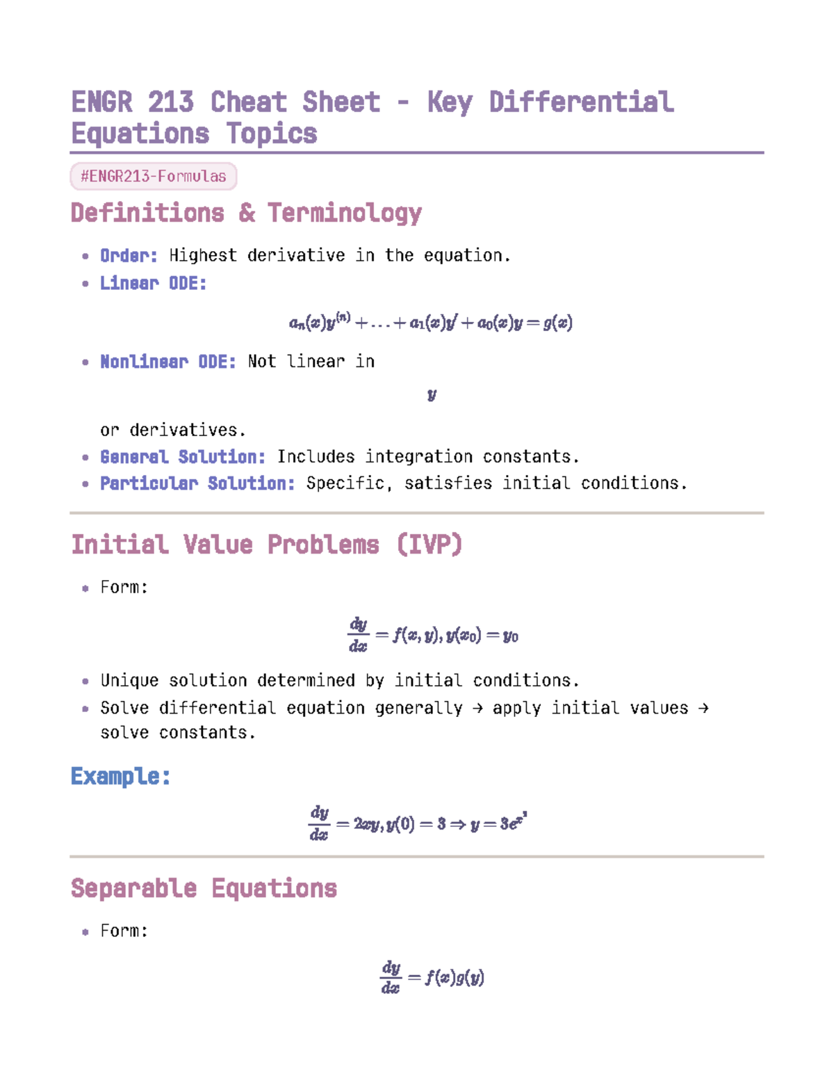 ENGR 213 Cheat Sheet: Essential Differential Equations Concepts - Studocu