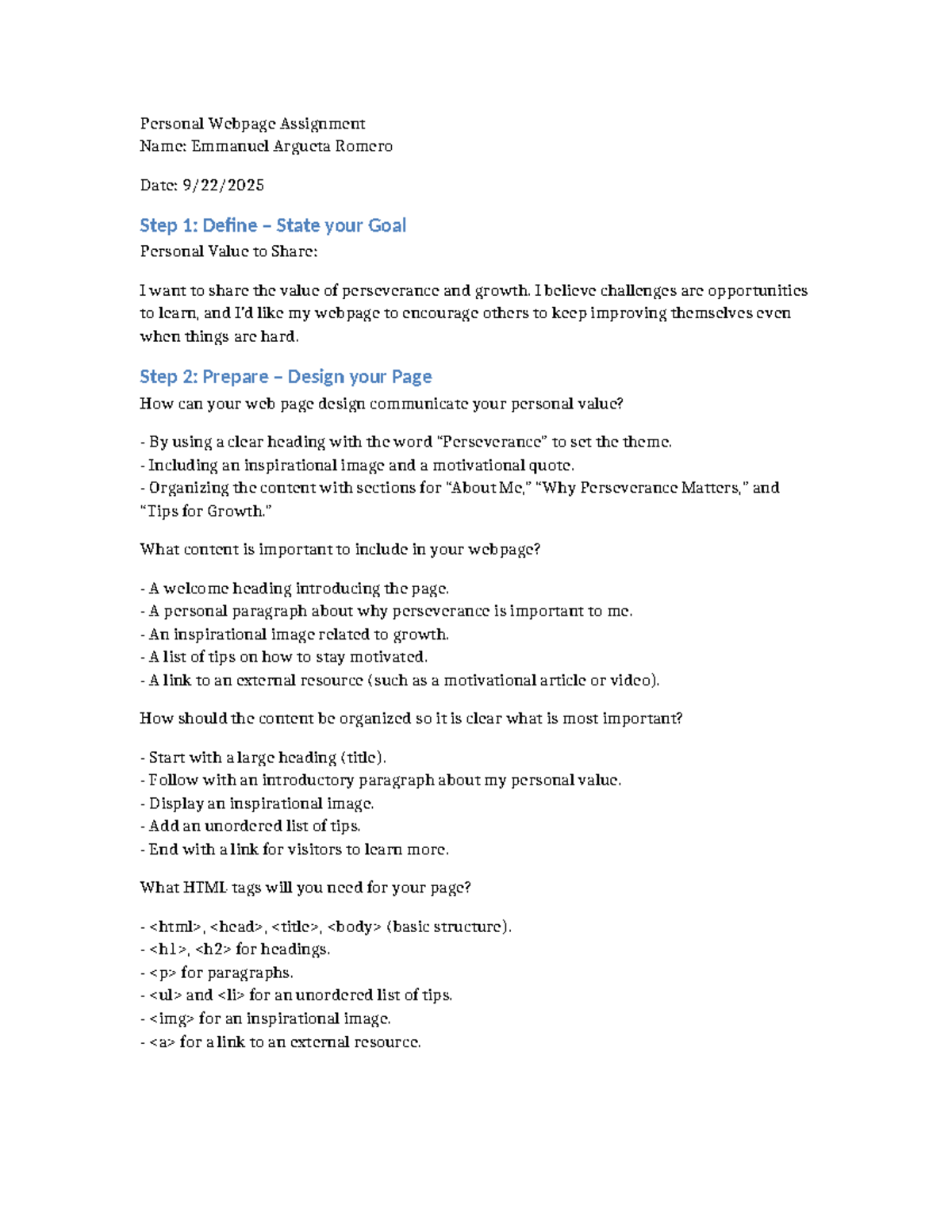 Personal Webpage Assignment: Embracing Perseverance and Growth - Studocu