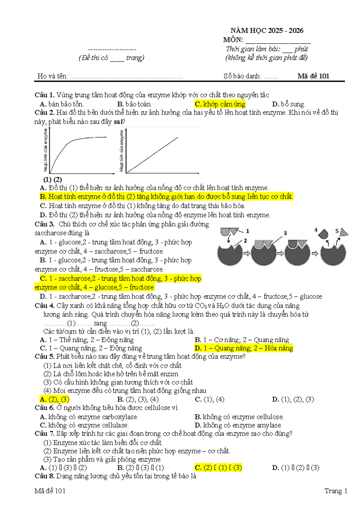 Mã đề 101 - Đề thi giữa kỳ môn Enzyme và Chuyển hóa năng lượng - Studocu