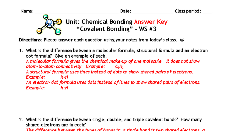 Homework WS3 Covalent Bonding Answer Key: Chemical Bonding Concepts ...
