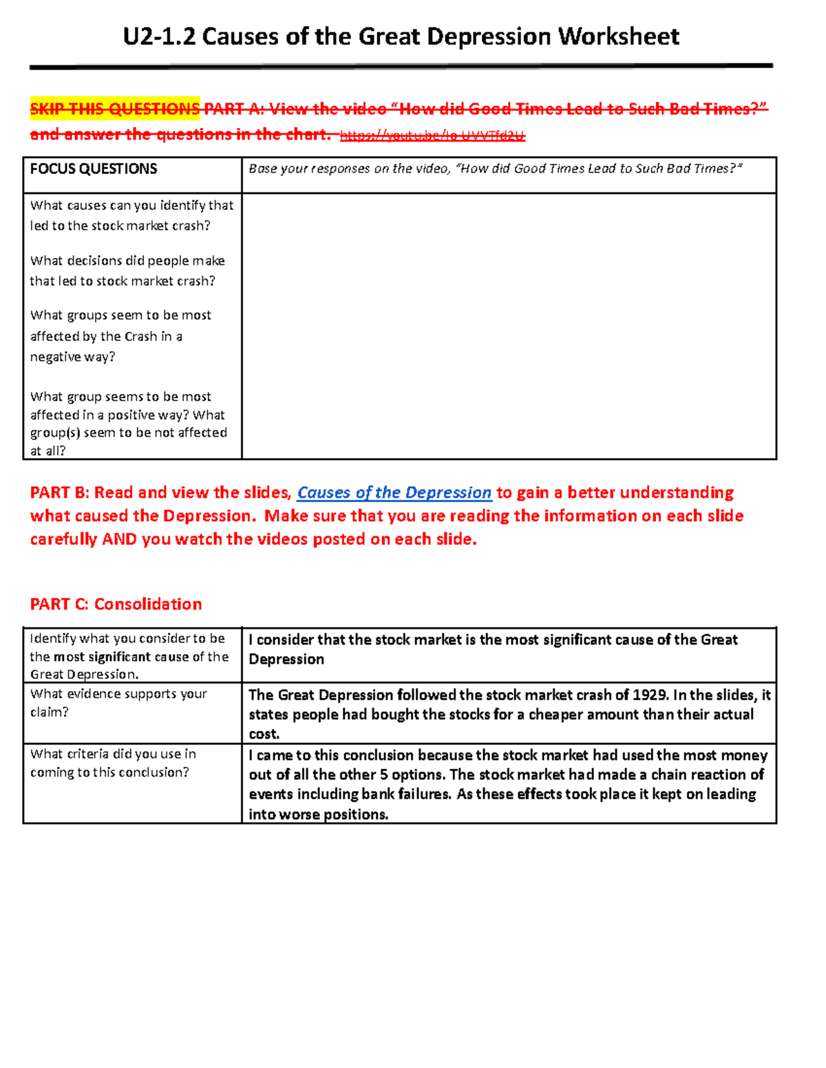 Causes of the Great Depression Worksheet U2-1.2 - Studocu