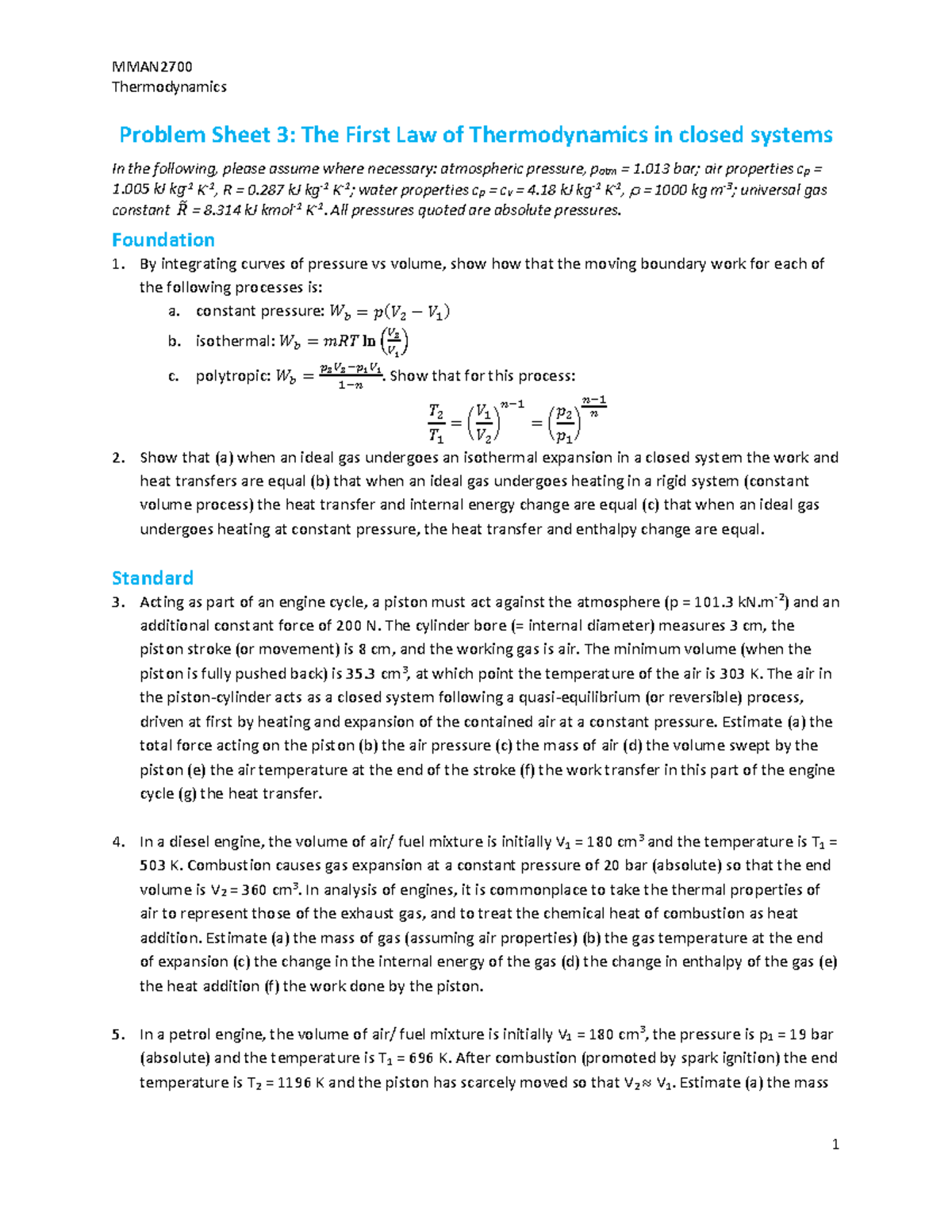 MMAN2700 Thermodynamics Problem Sheet 3: First Law in Closed Systems ...