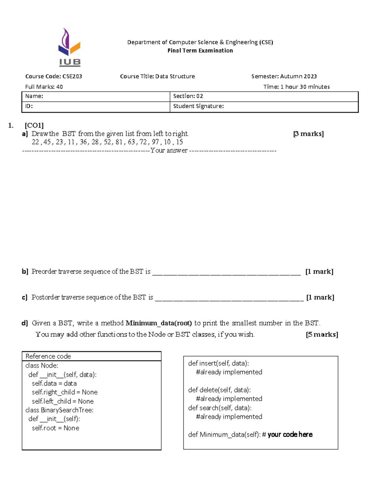 CSE203 Final Exam: Data Structures & BST Operations - Autumn 2023 - Studocu
