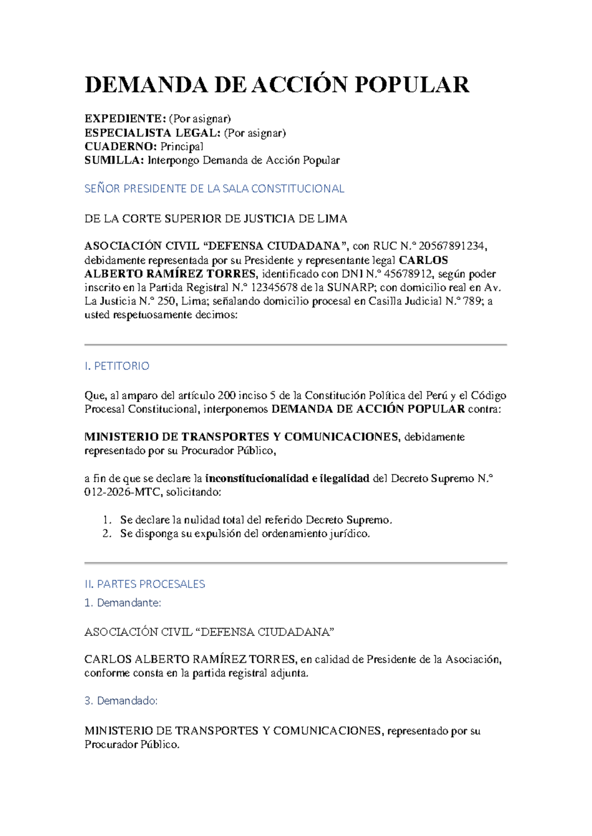 Demanda de Acción Popular - Exp. (Por Asignar) - MTC y Competencias ...