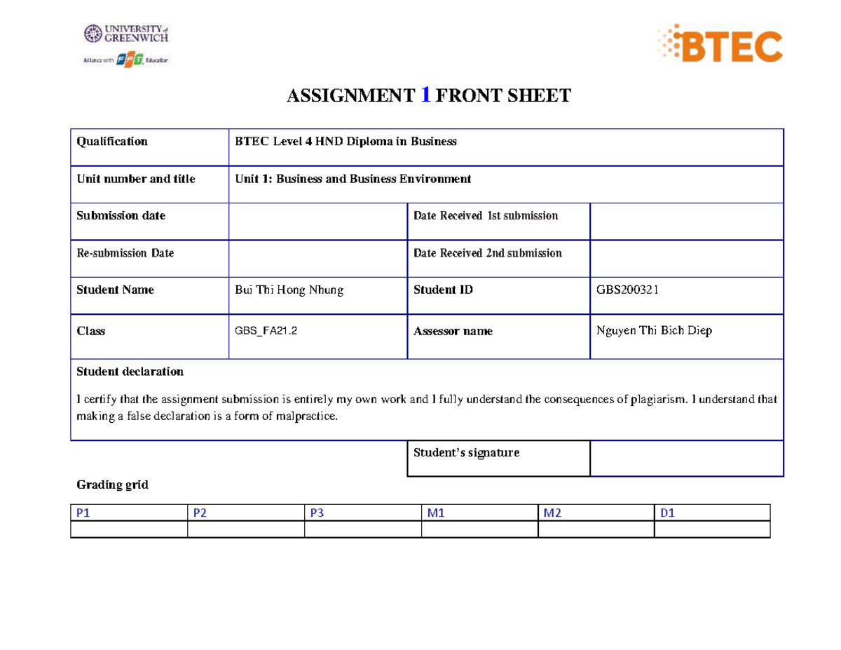 485 ASM1 - asm1 - ASSIGNMENT 1 FRONT SHEET Qualification BTEC Level 4 HND Diploma in Business ...
