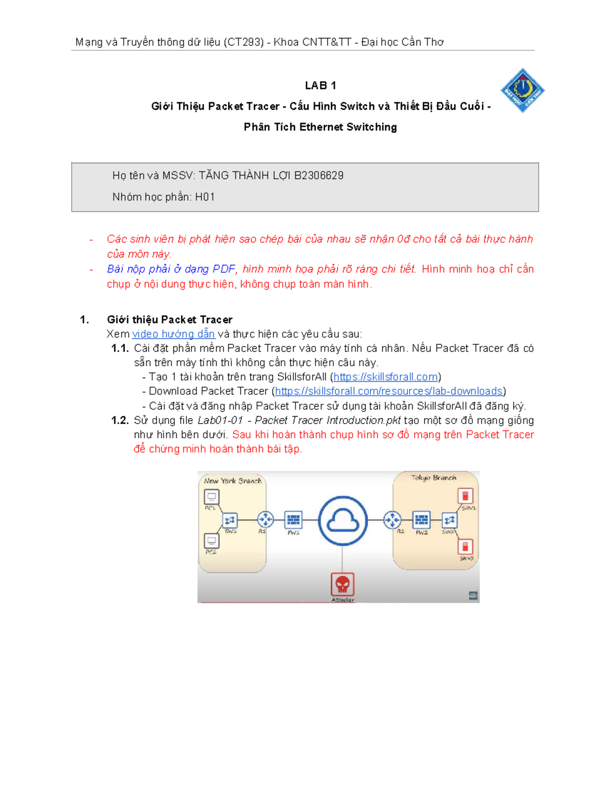 Mạng và Truyền thông dữ liệu (CT293) LAB 1: Hướng Dẫn Packet Tracer ...