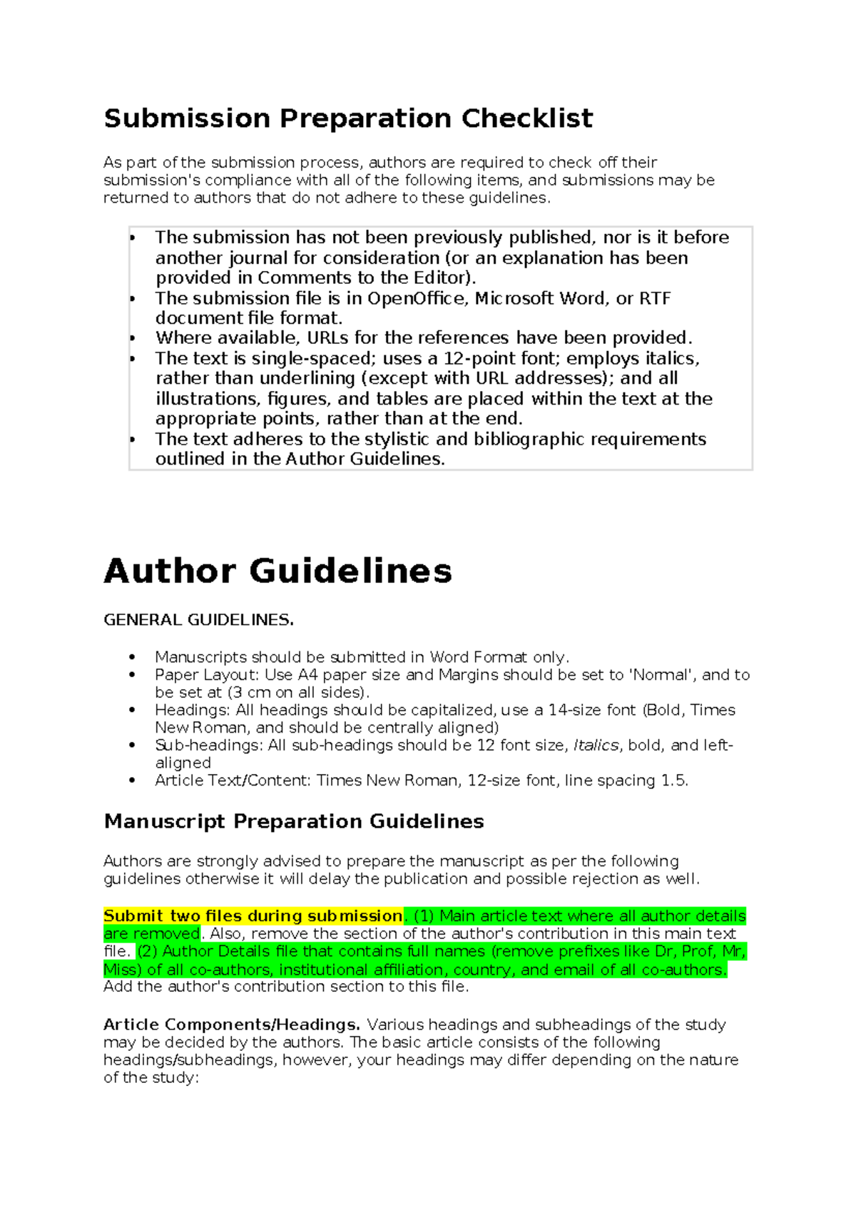 Author Guidelines for Manuscripts: Checklist for Submission Compliance ...