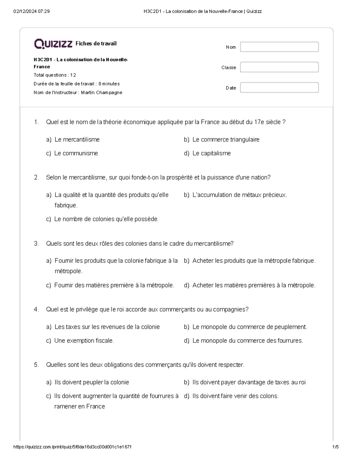 H3C2D1 Quizizz Corrigés sur la colonisation de la Nouvelle-France - Studocu