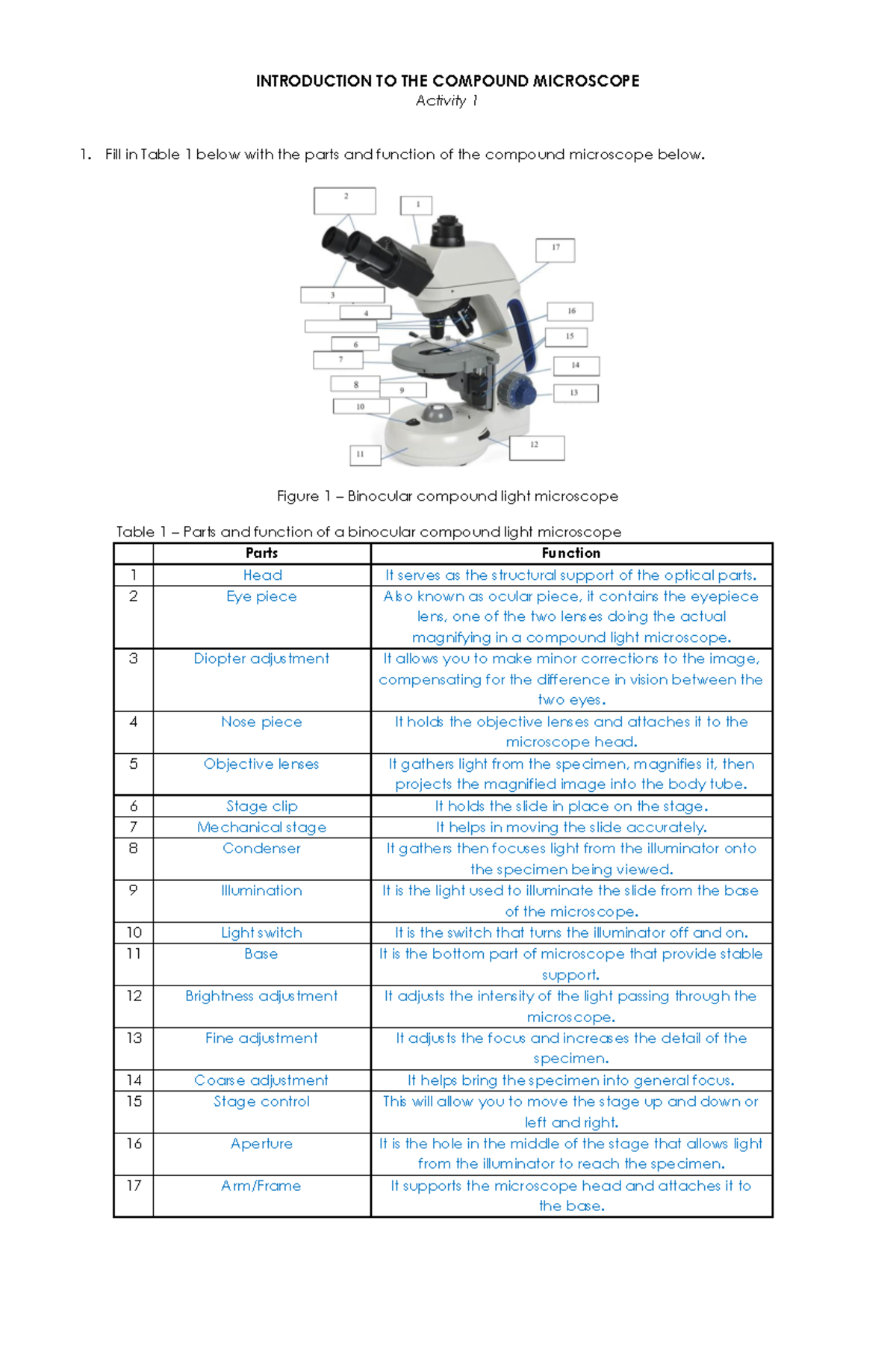 Activity - Understanding the Parts and Function of the Microscope - Studocu