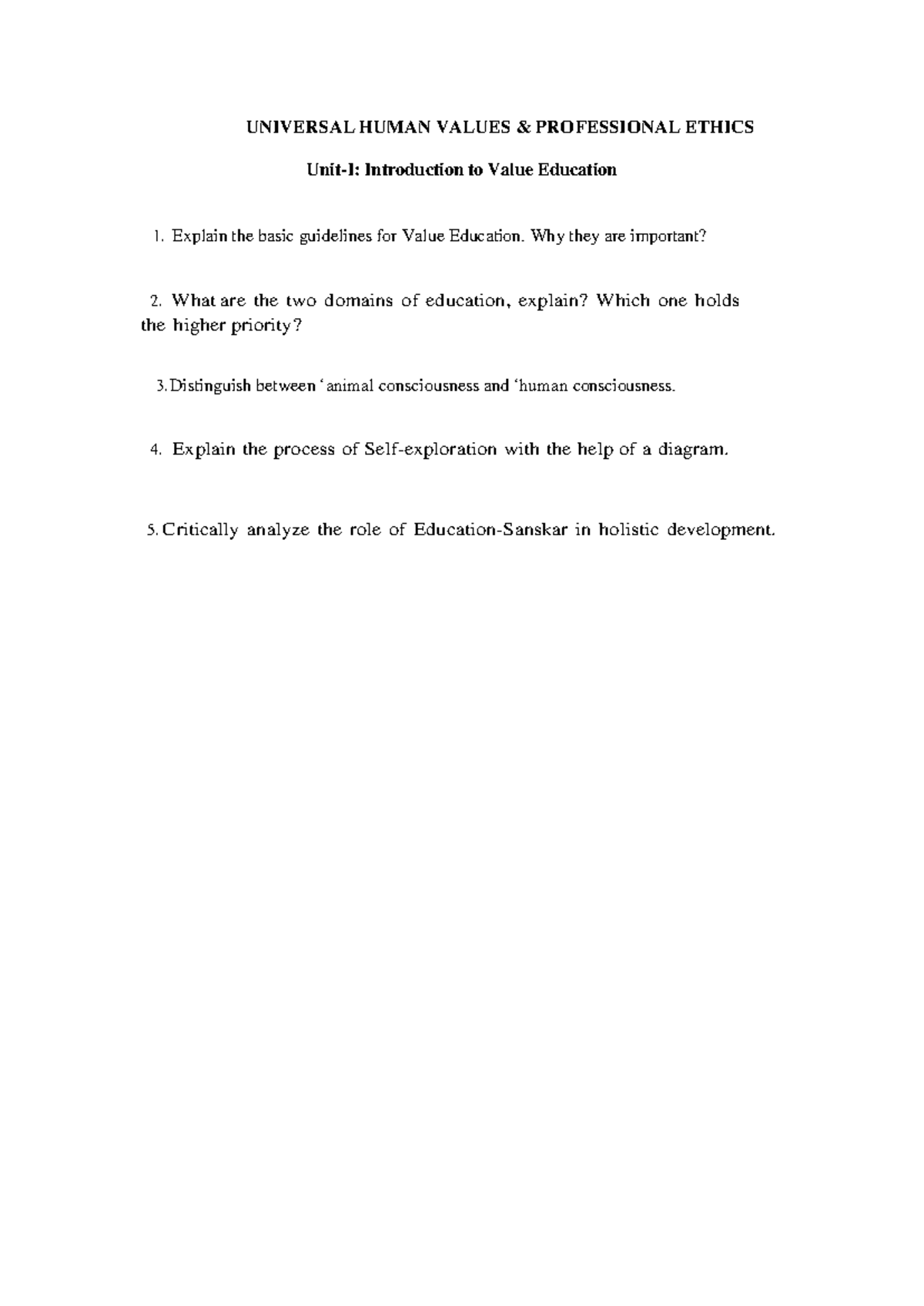 UHVPE Unit Test Question Bank: Universal Human Values & Ethics - Studocu