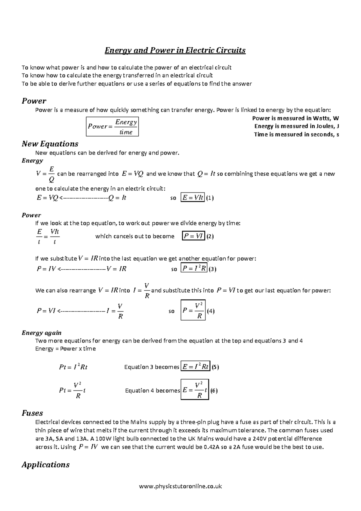 Energy and Power in Electric Circuits: Key Equations and Concepts - Studocu