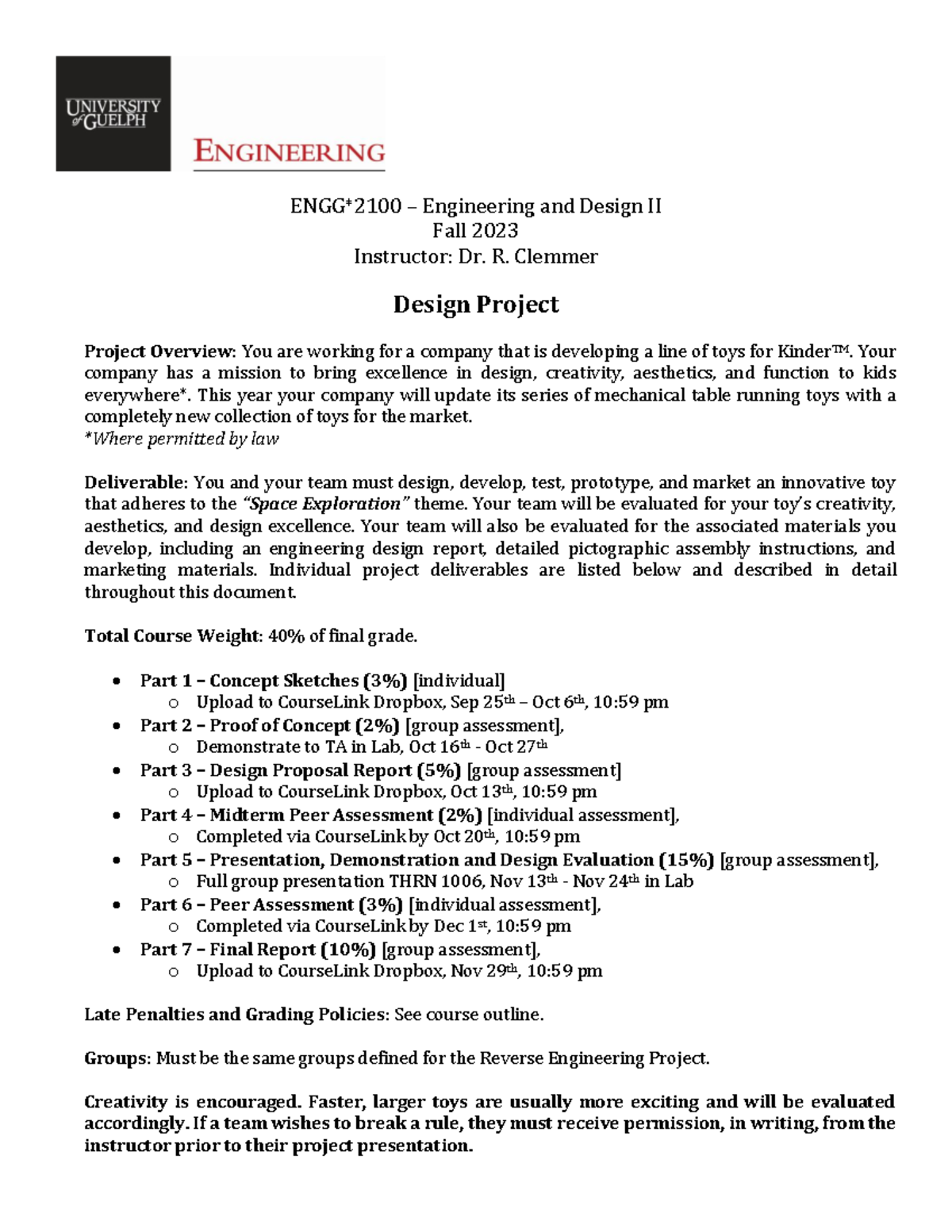 ENGG2100 F23 Toy Design Project Overview and Assessment Details - Studocu
