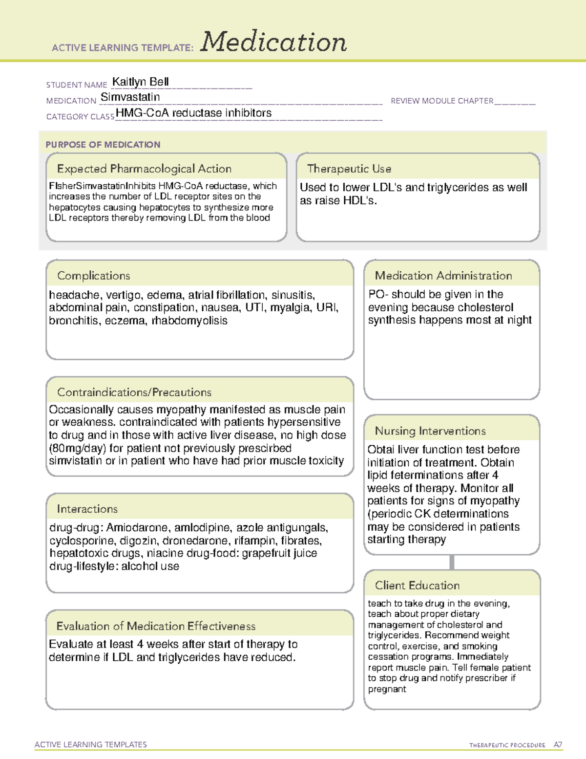 Simvastatin Drug Card - Active Learning Template for Medications - Studocu