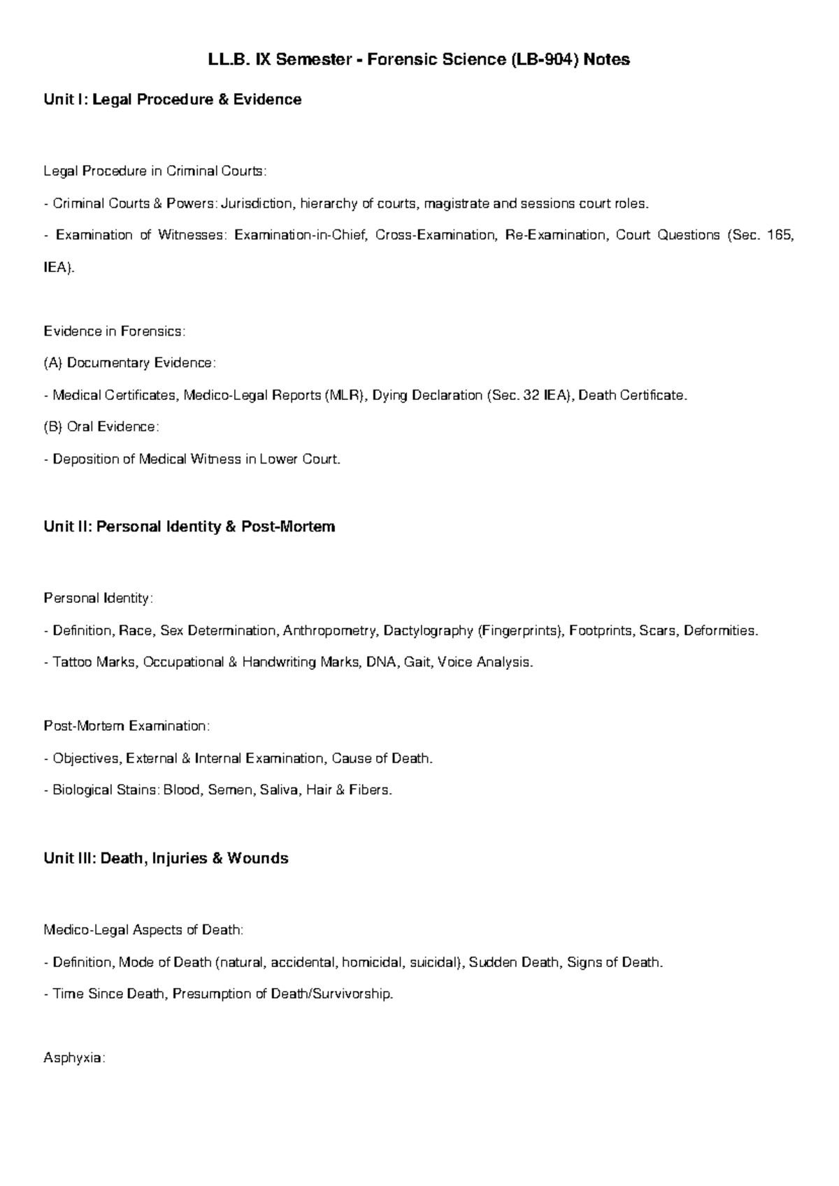 LL.B. IX Sem Forensic Science LB904 Notes: Legal Procedures & Evidence ...