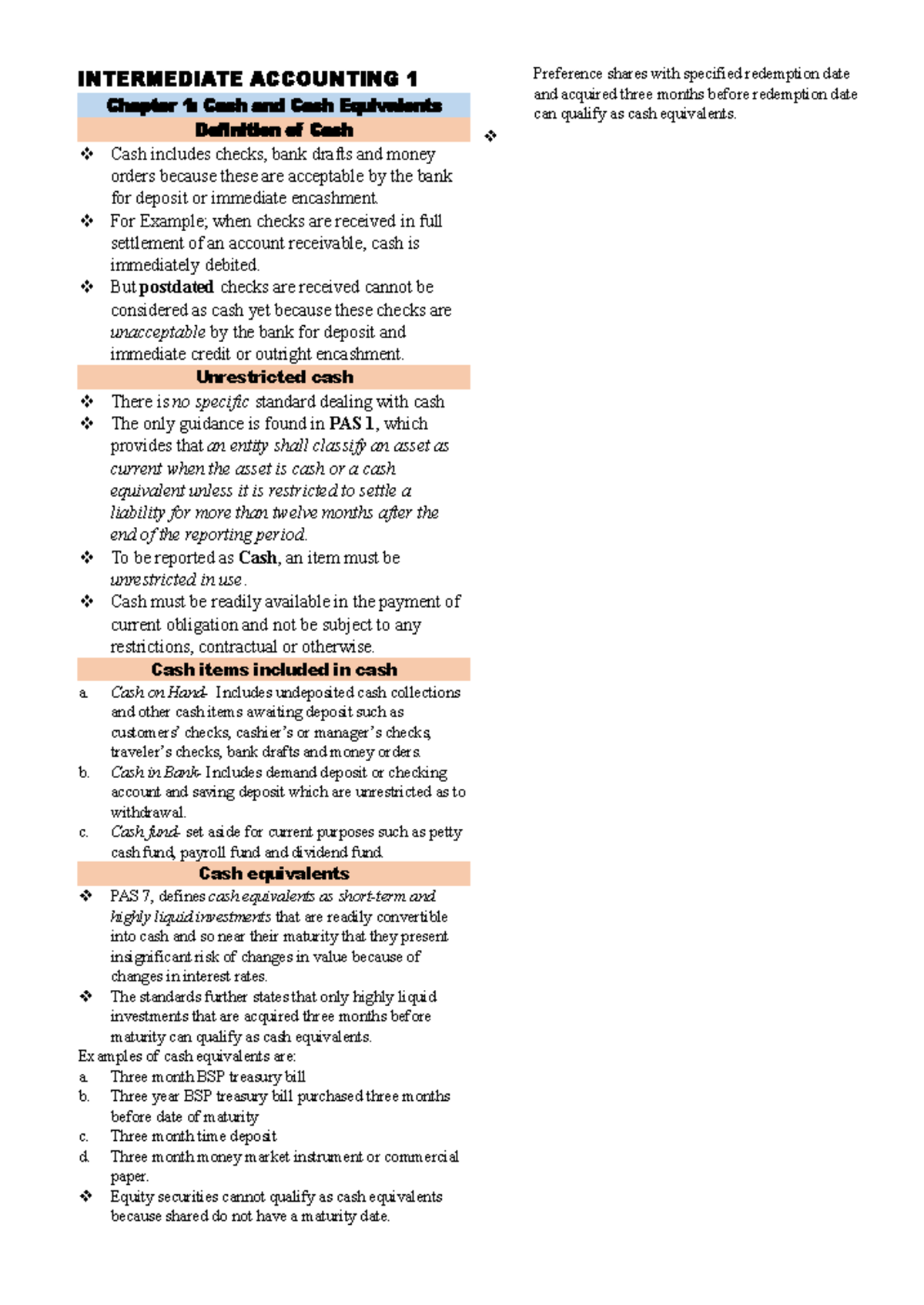 Int acc1 - Notes - INTERMEDIATE ACCOUNTING 1 Chapter 1: Cash and Cash ...