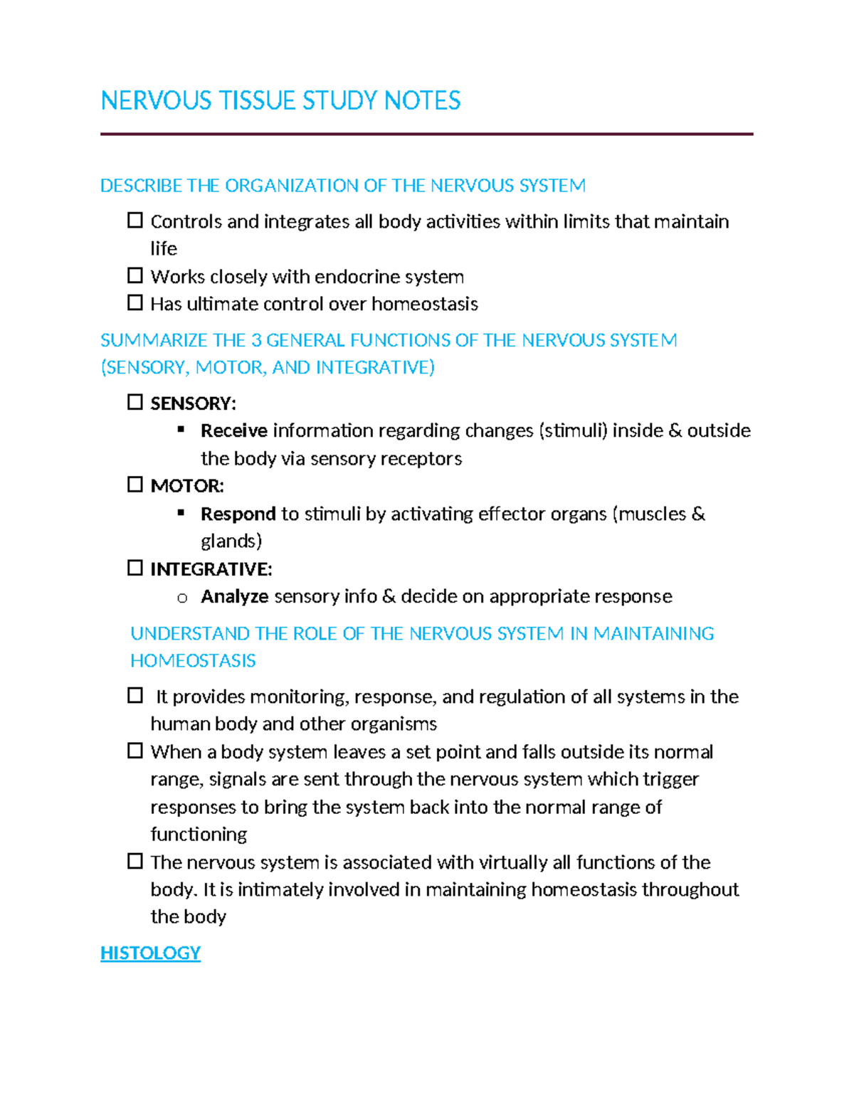 Nervous Tissue Study Notes: Functions & Homeostasis Overview - Studocu