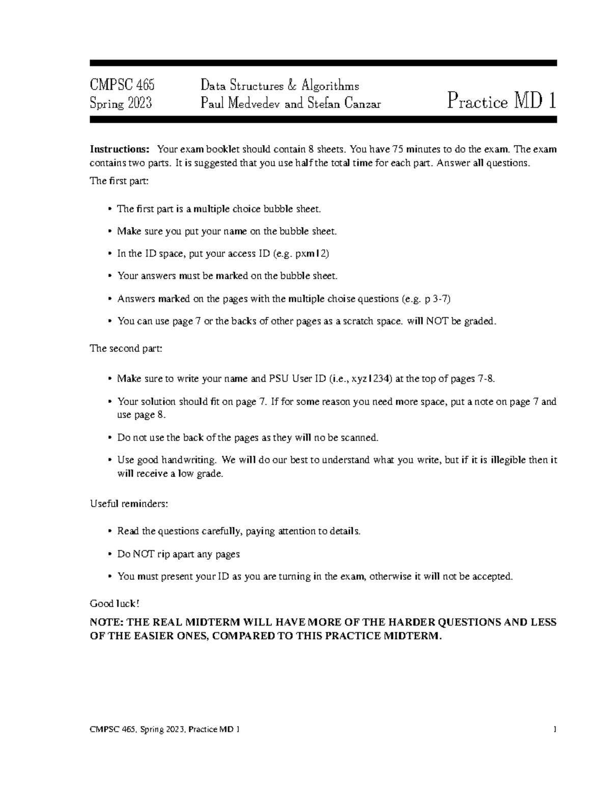 CMPSC 465 - Spring 2023 Midterm 1 Practice Solutions - Studocu