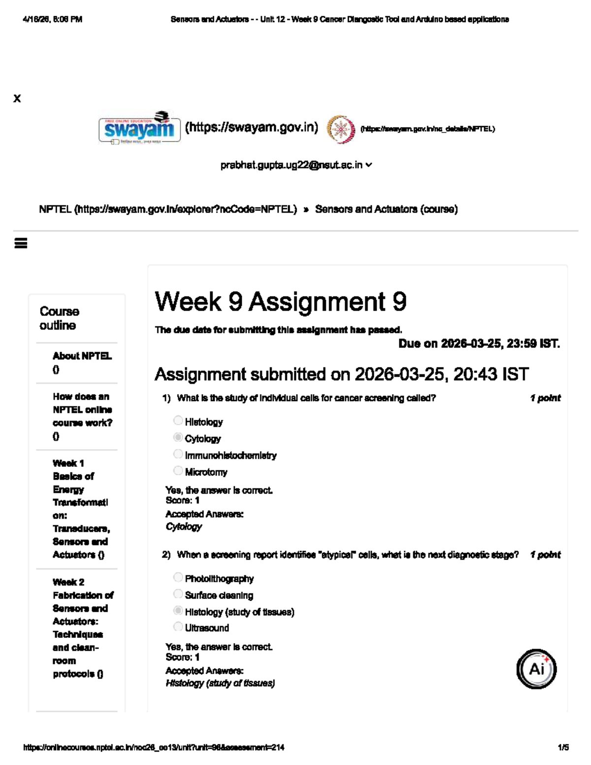 NPTEL Sensors and Actuators (Week 9) Cancer Diagnostic Tool Practice ...
