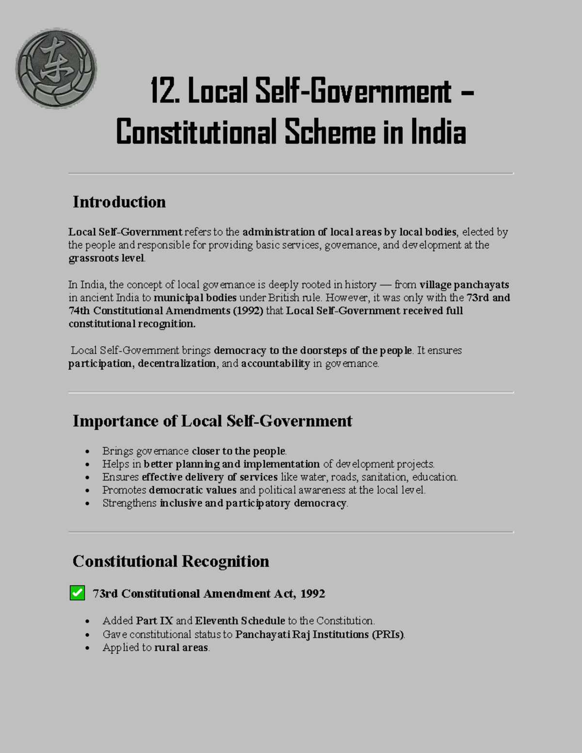 12. Local Self Government: Constitutional Framework in India - Studocu