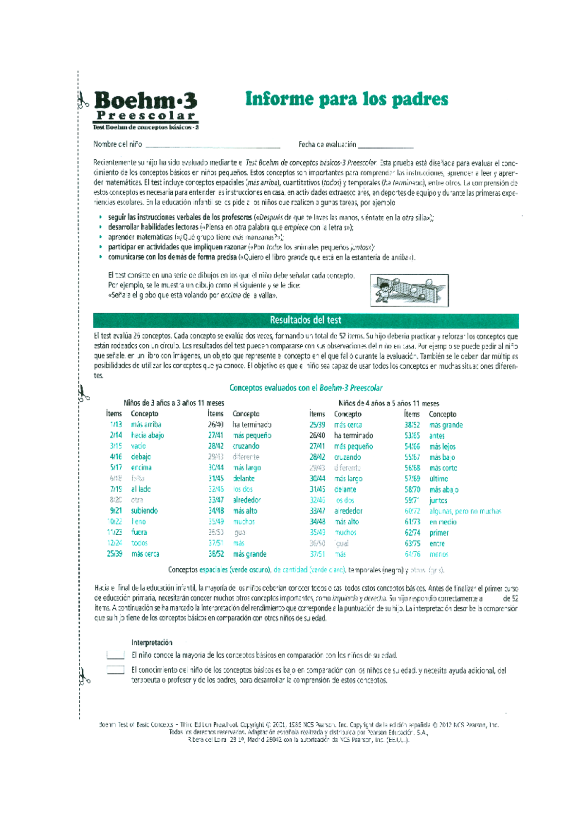 Informe para Padres: Test Boehm-3 de Conceptos Básicos (Preescolar ...