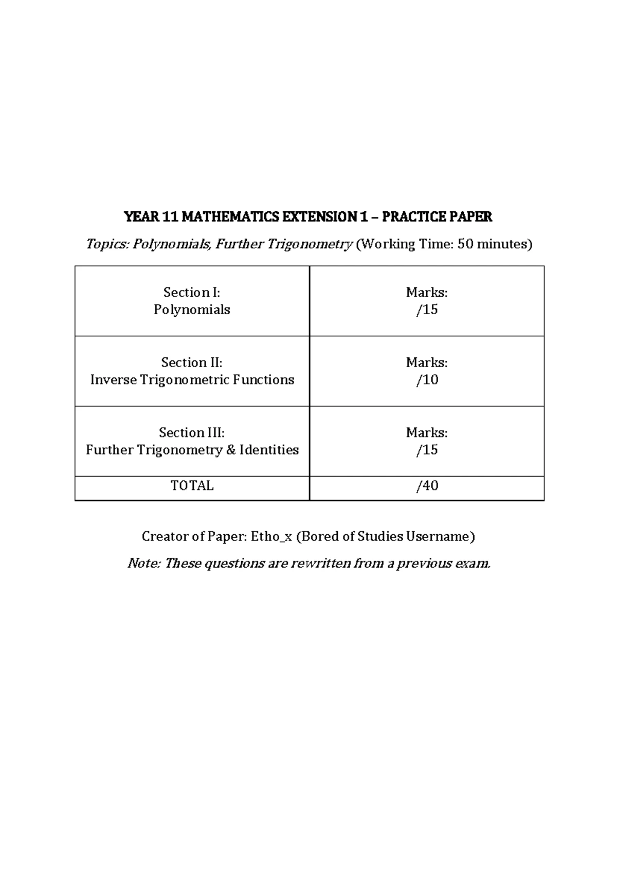 YEAR 11 Mathematics Ext 1 - Practice Paper on Trig & Polynomials - Studocu