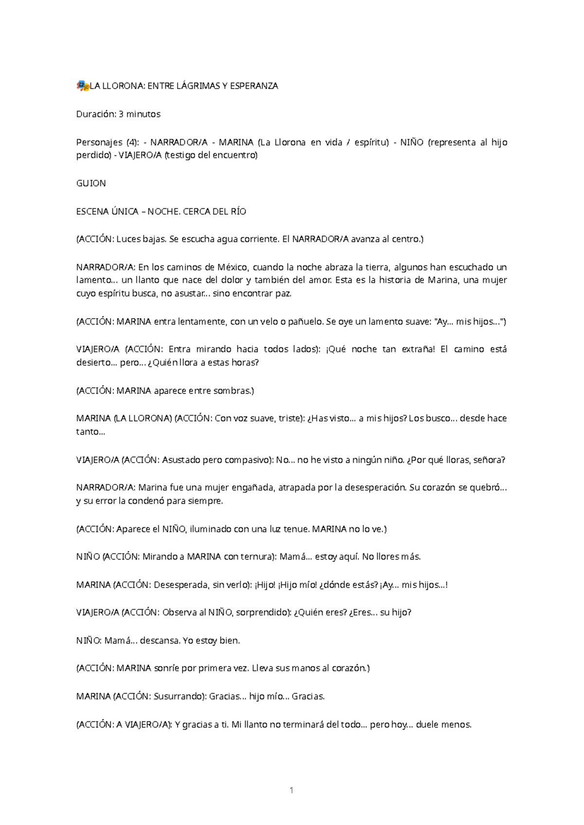 LA LLORONA: GUION ESCENA ÚNICA - ENTRE LÁGRIMAS Y ESPERANZA - Studocu