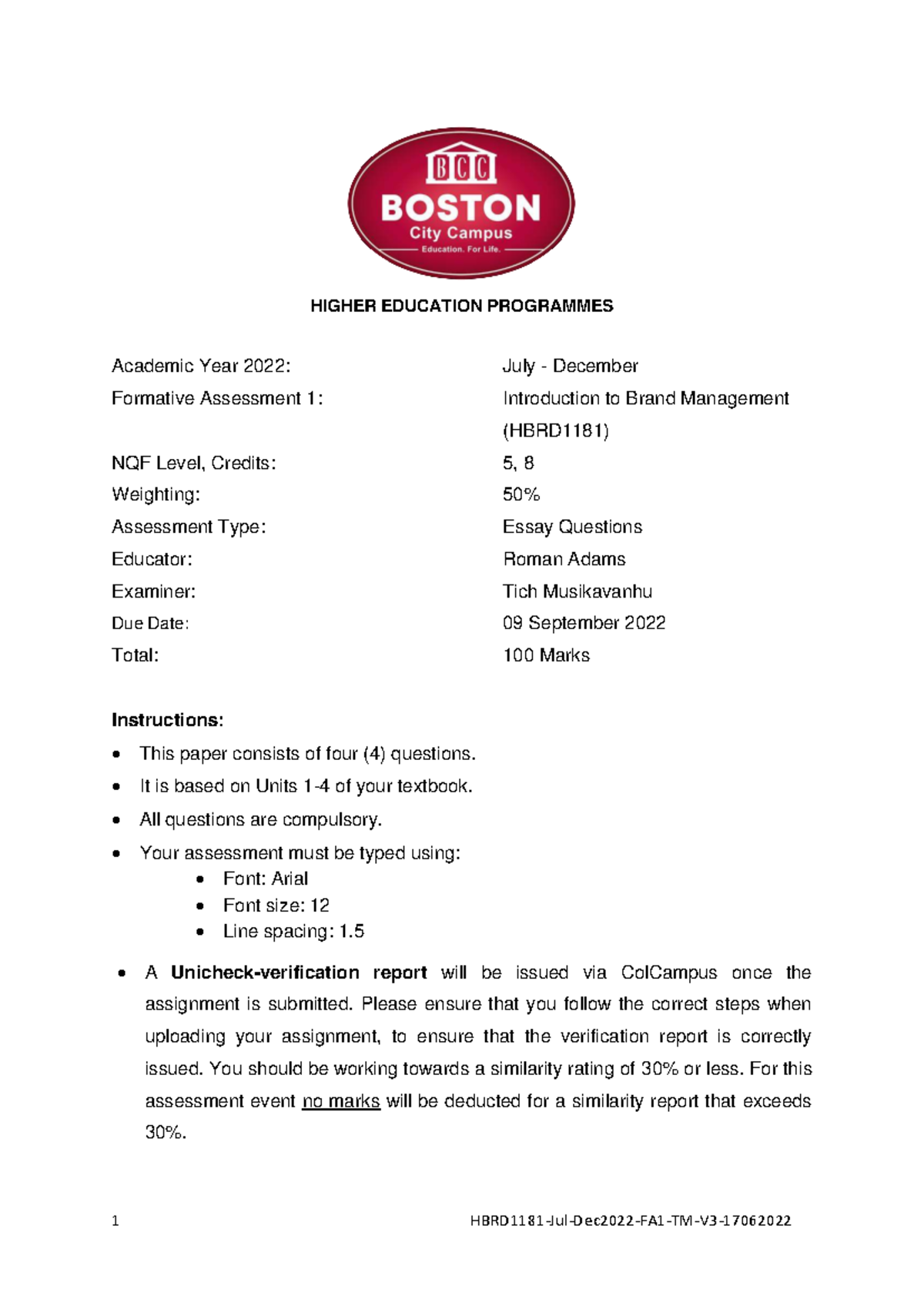 HBRD1181 July-Dec 2022 Formative Assessment 1: Brand Management Essay ...