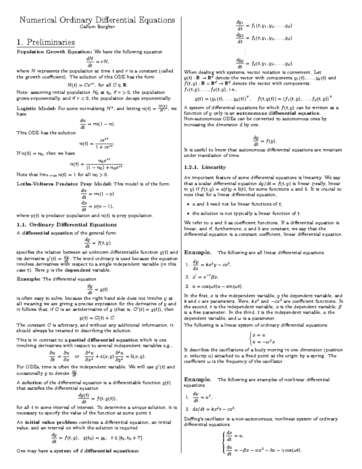Numerical Ordinary Differential Equations (ODEs) Cheatsheet - Studocu