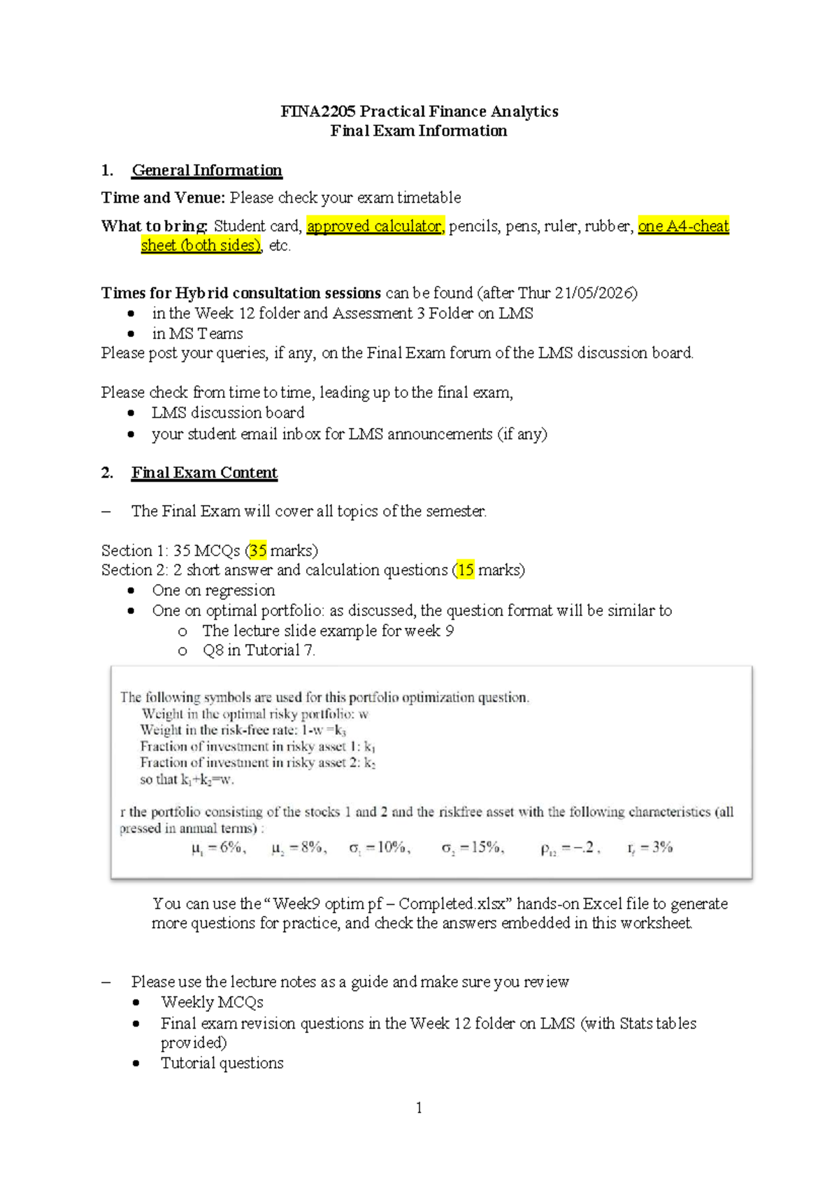 FINA2205 Final Exam Information and Guidelines - Studocu