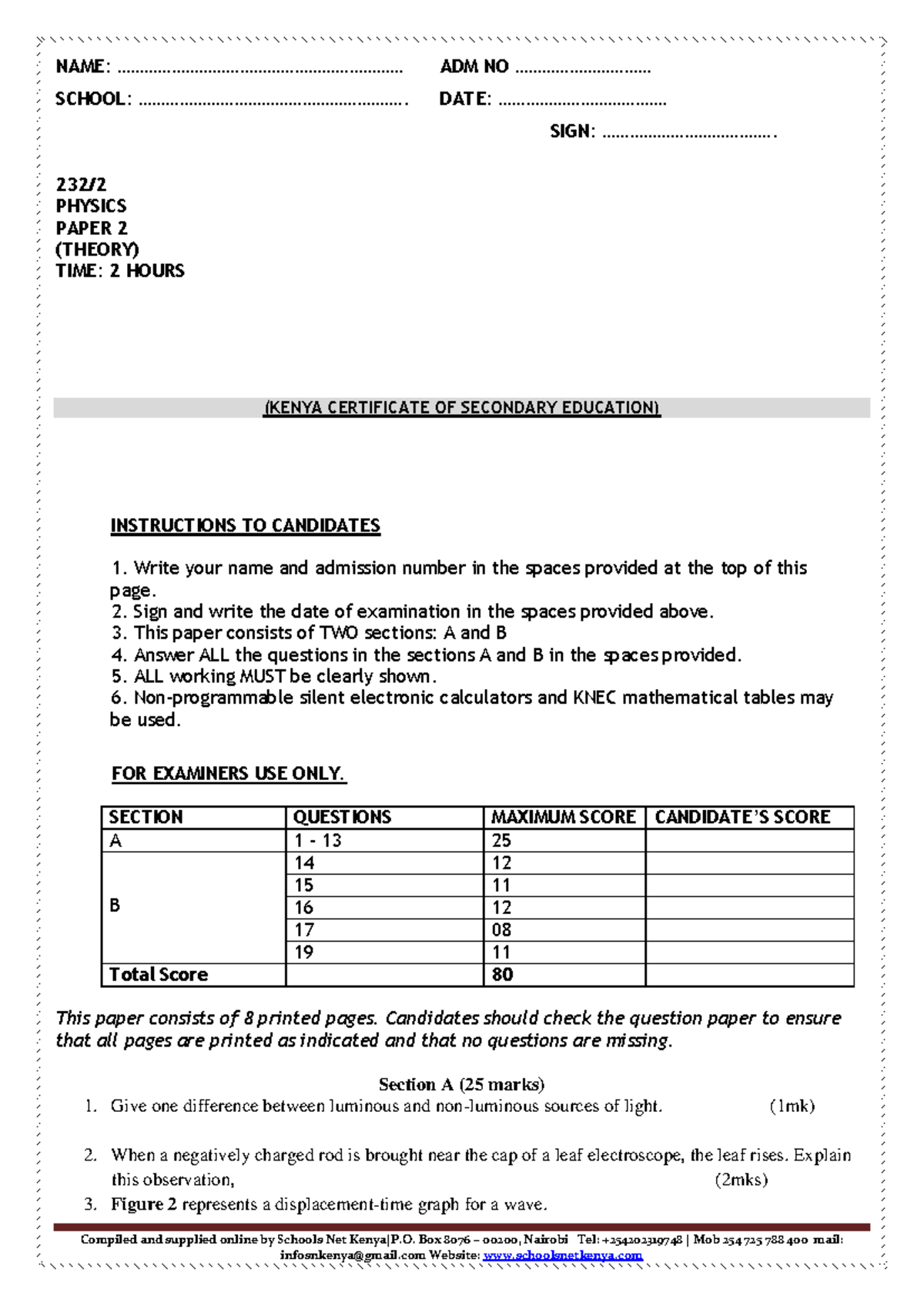 Physics Paper 2 Form 3 Term 1 Exam 2018 (KCSE) - Studocu