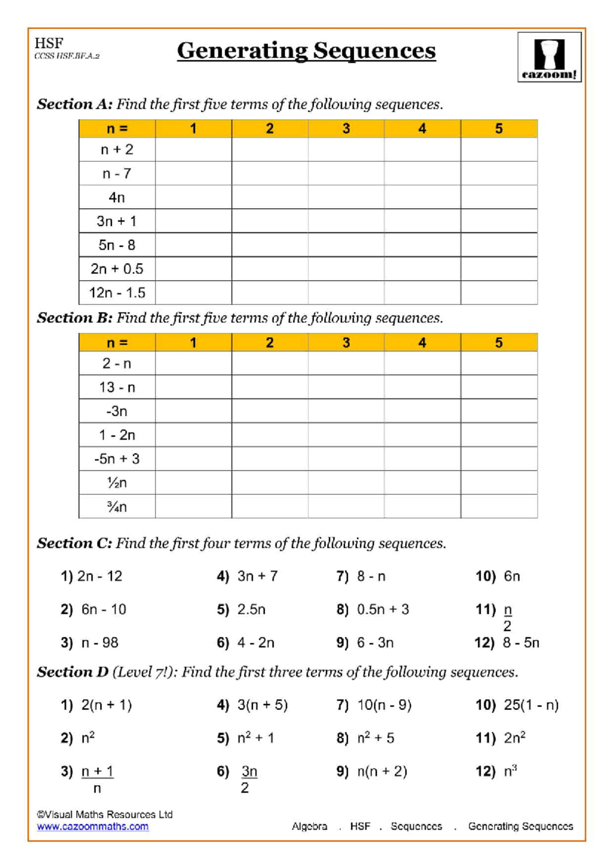 HSF CCSS HSF.BFA.2 Generating Sequences - Algebra Notes - Studocu