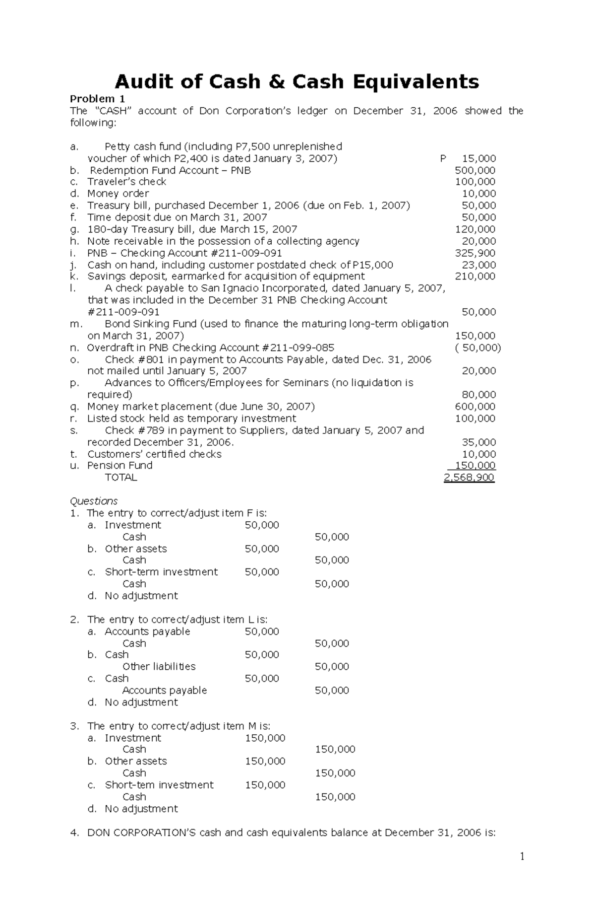 Audit of Cash and Cash Equivalents - Comprehensive Analysis (FIN 301 ...