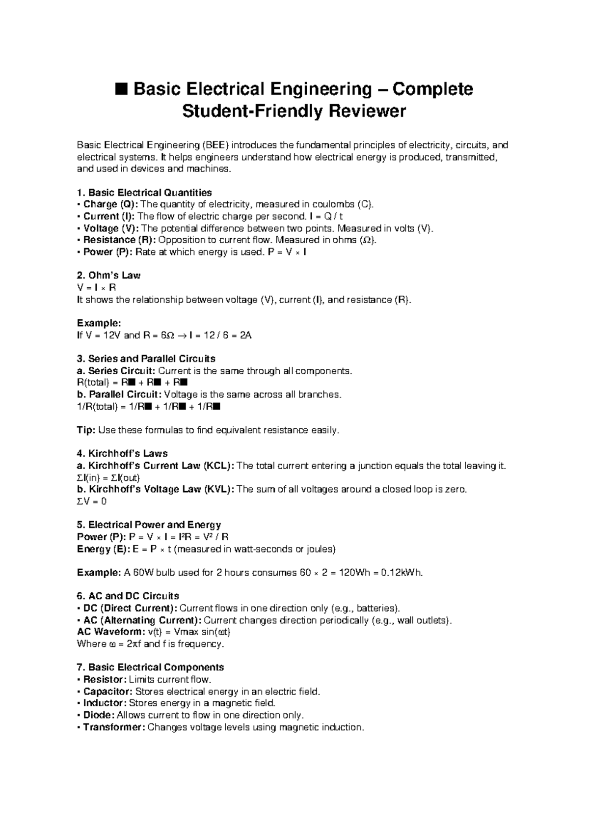 Basic Electrical Engineering (BEE) Complete Study Guide - Studocu
