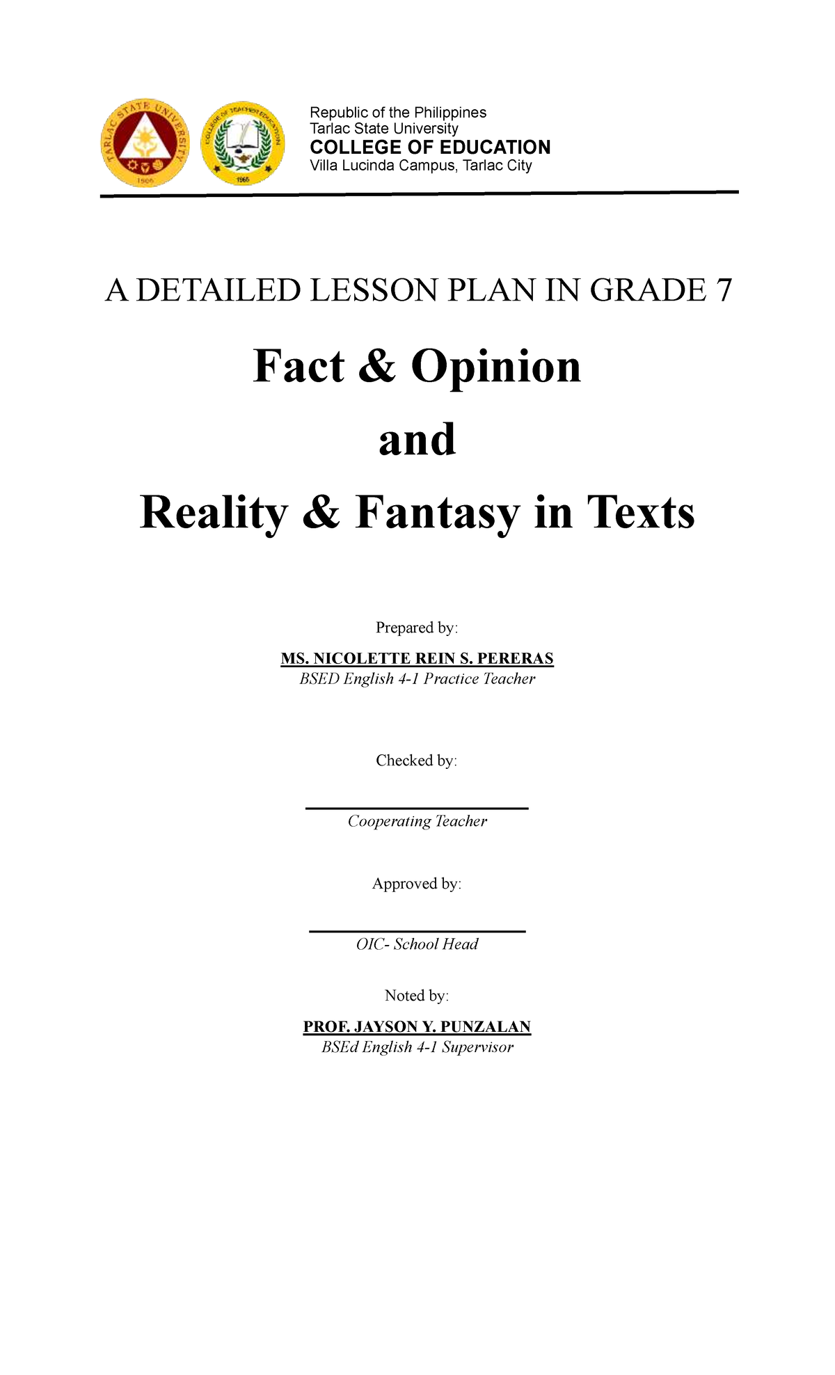 A Comprehensive Lesson Plan on Fact & Opinion for EN7 - Studocu