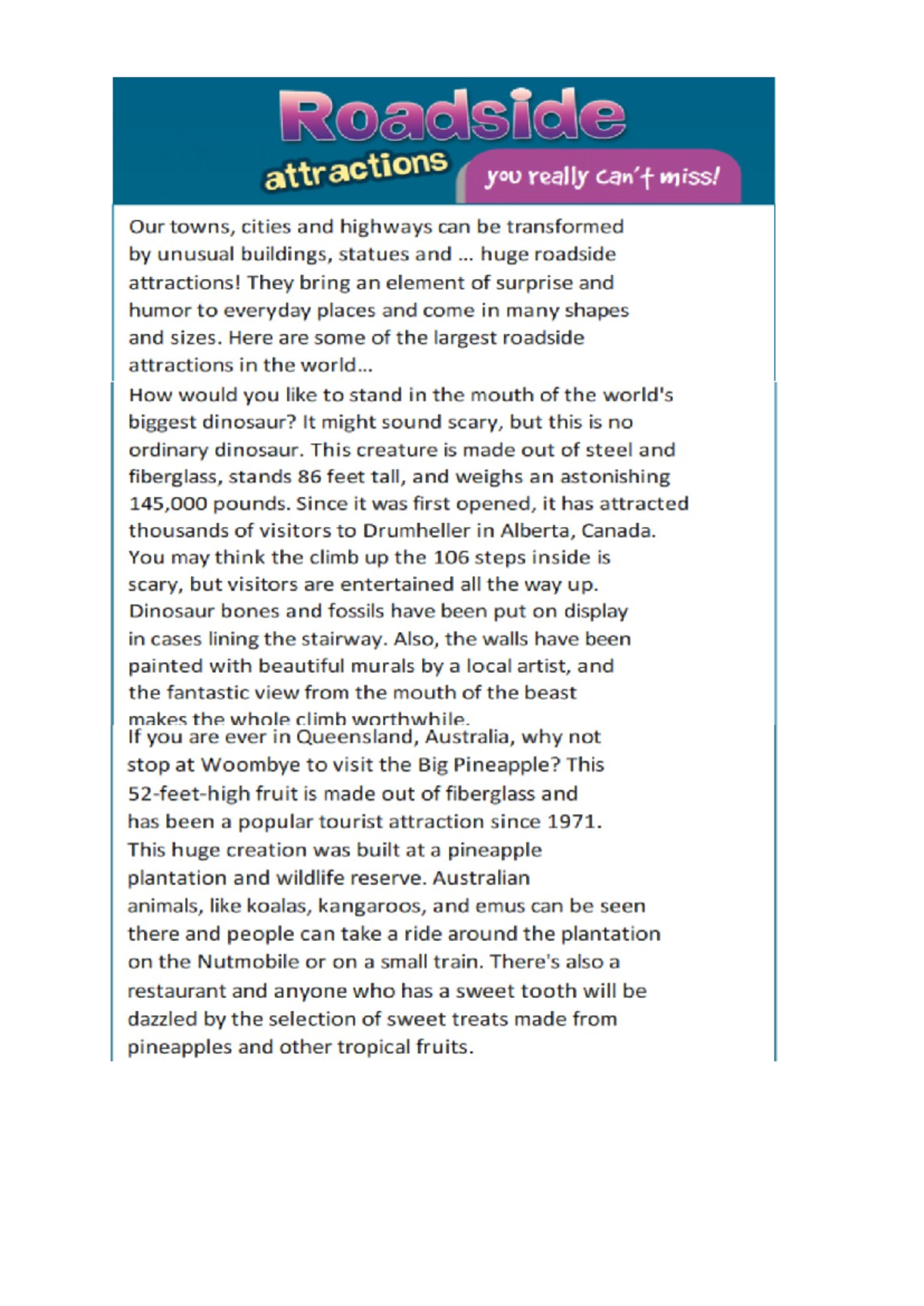 Riverside Attractions Exercise: Comprehension Questions & Vocabulary ...