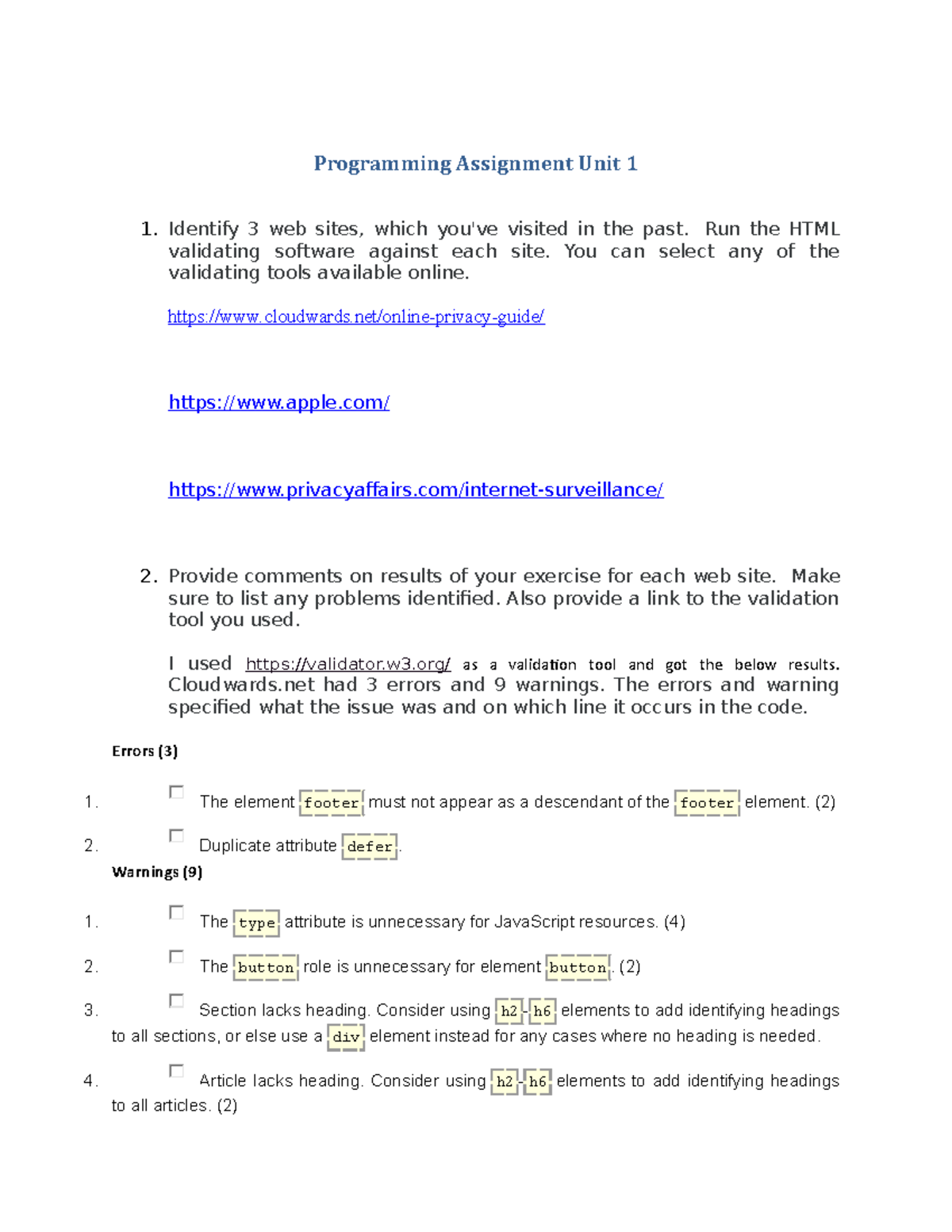 CS 2205 Programming Assignment Unit 1 - Programming Assignment Unit 1 1 ...