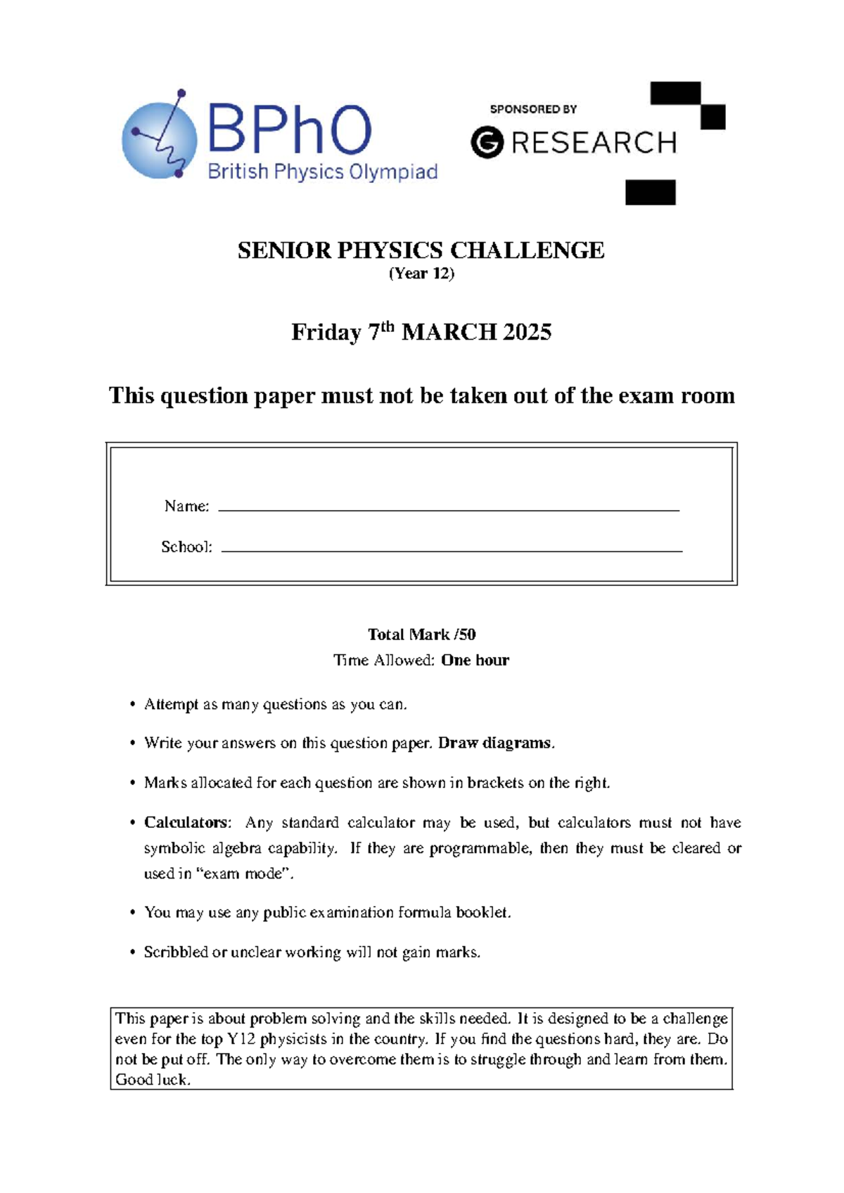 BPh O SPC 2025 Final Exam Question Paper - Year 12 Physics Challenge ...
