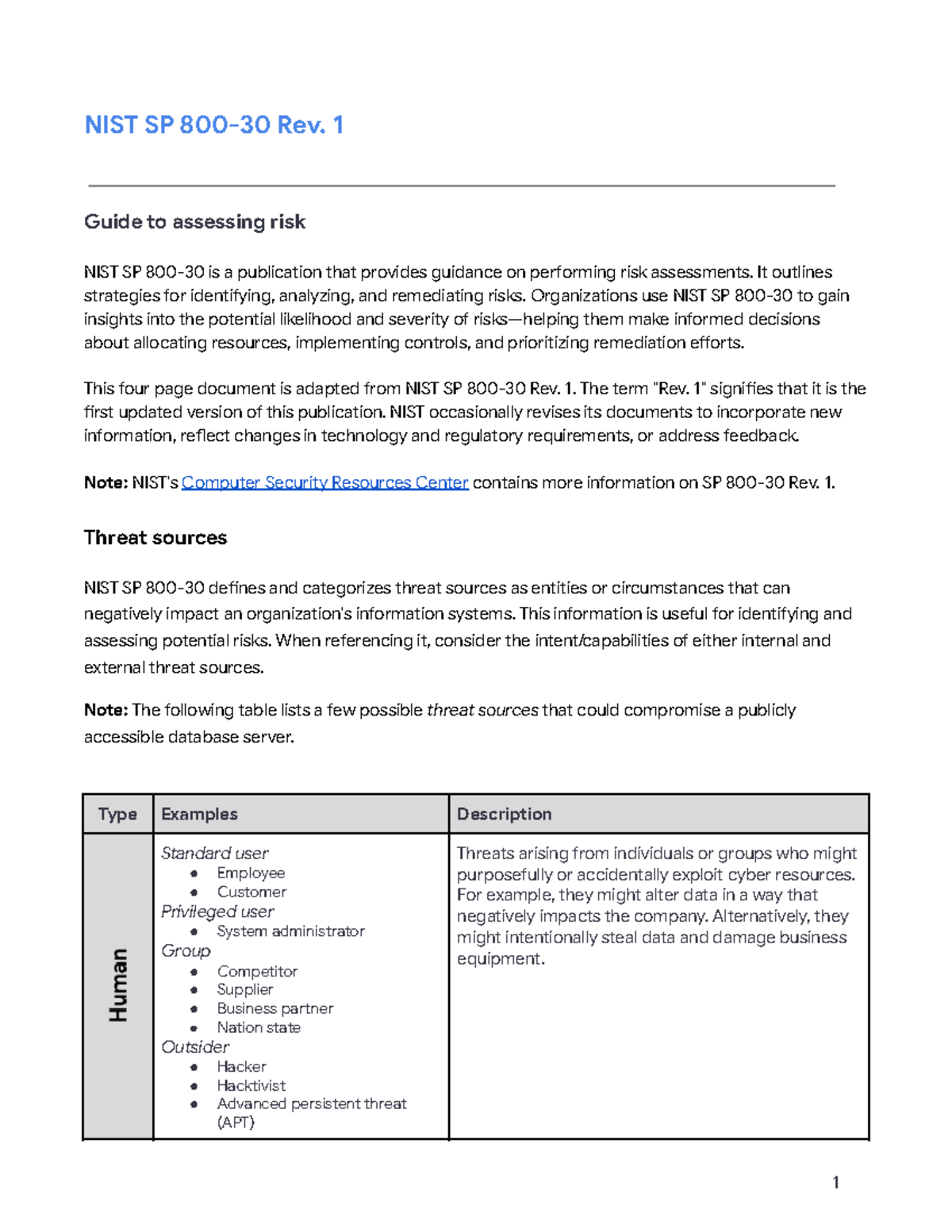 NIST SP 800-30 Rev. 1 Risk Assessment Guide Overview - Studocu