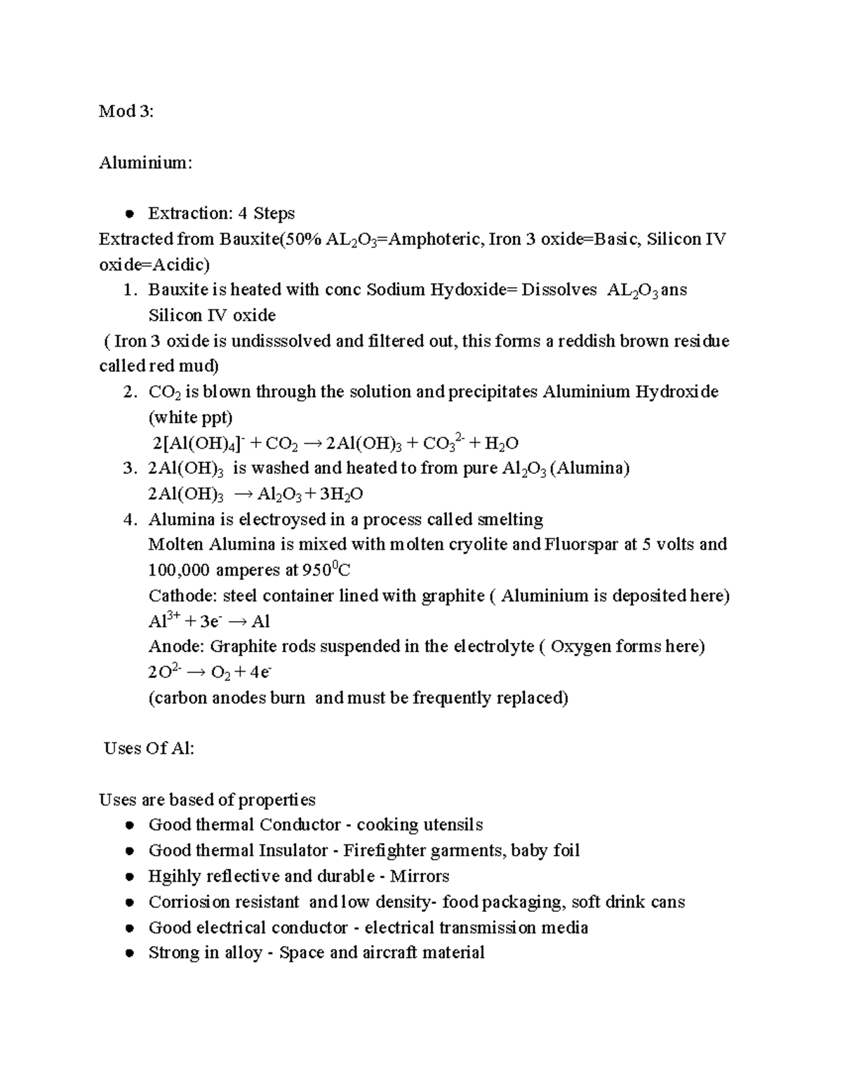 CHEM MOD SUM - MOD 3 UNIT 2: Aluminium, Crude Oil, Ammonia & Water ...